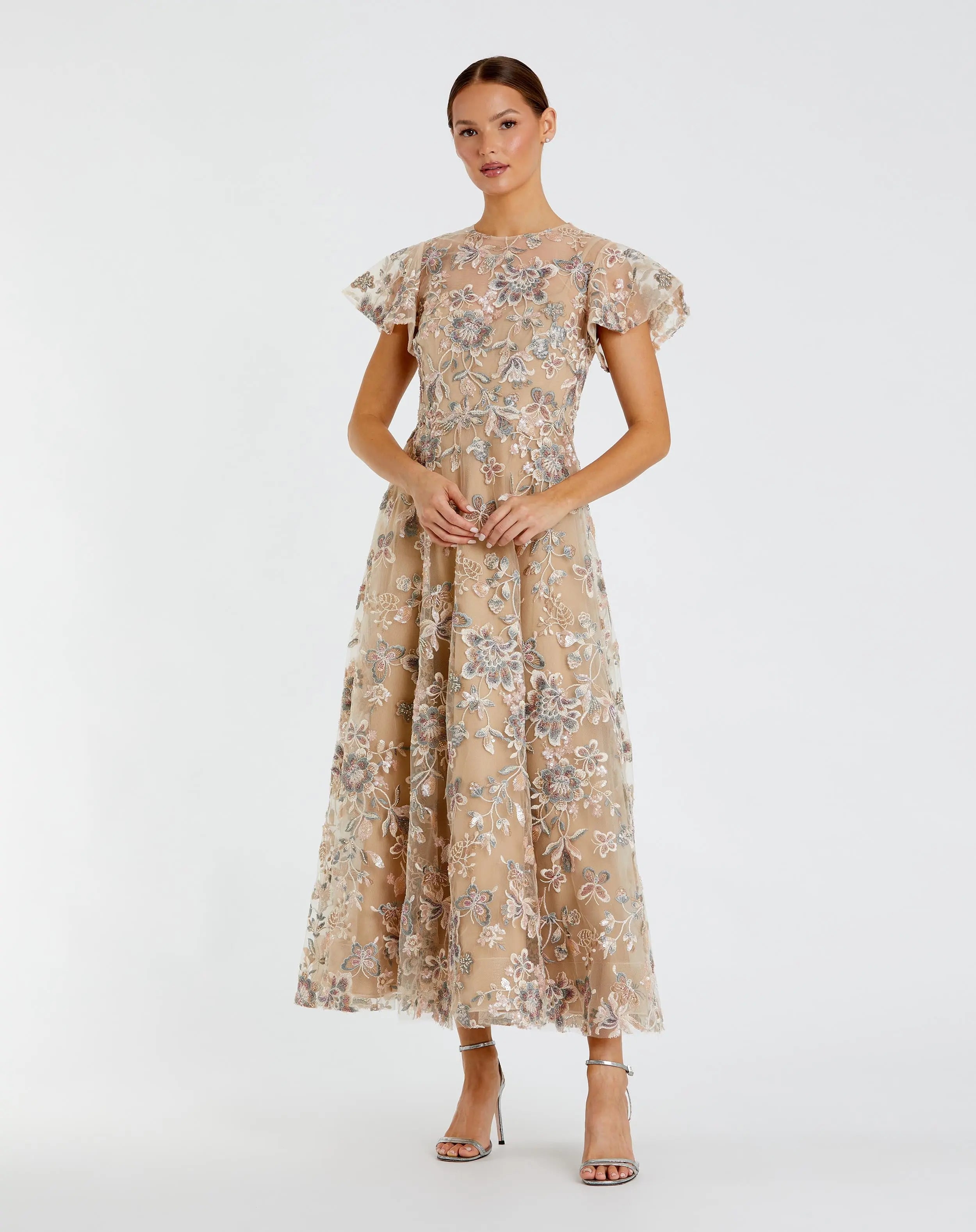 Beige Flutter Sleeve Butterfly Embroidered Maxi Dress | Mac Duggal