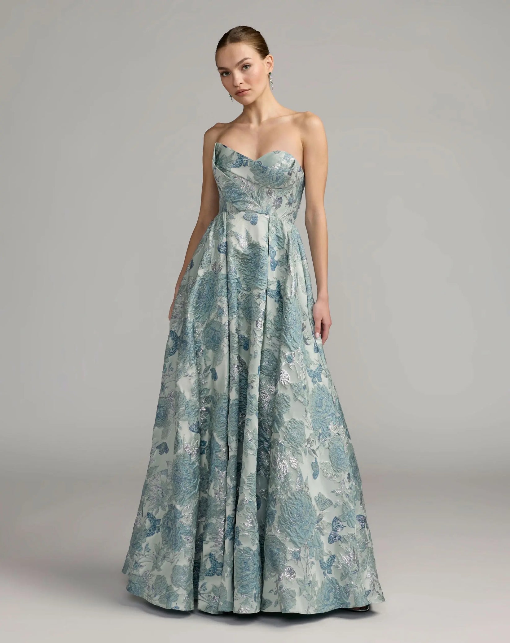 Blue Strapless Floral Brocade Ball Gown | Mac Duggal