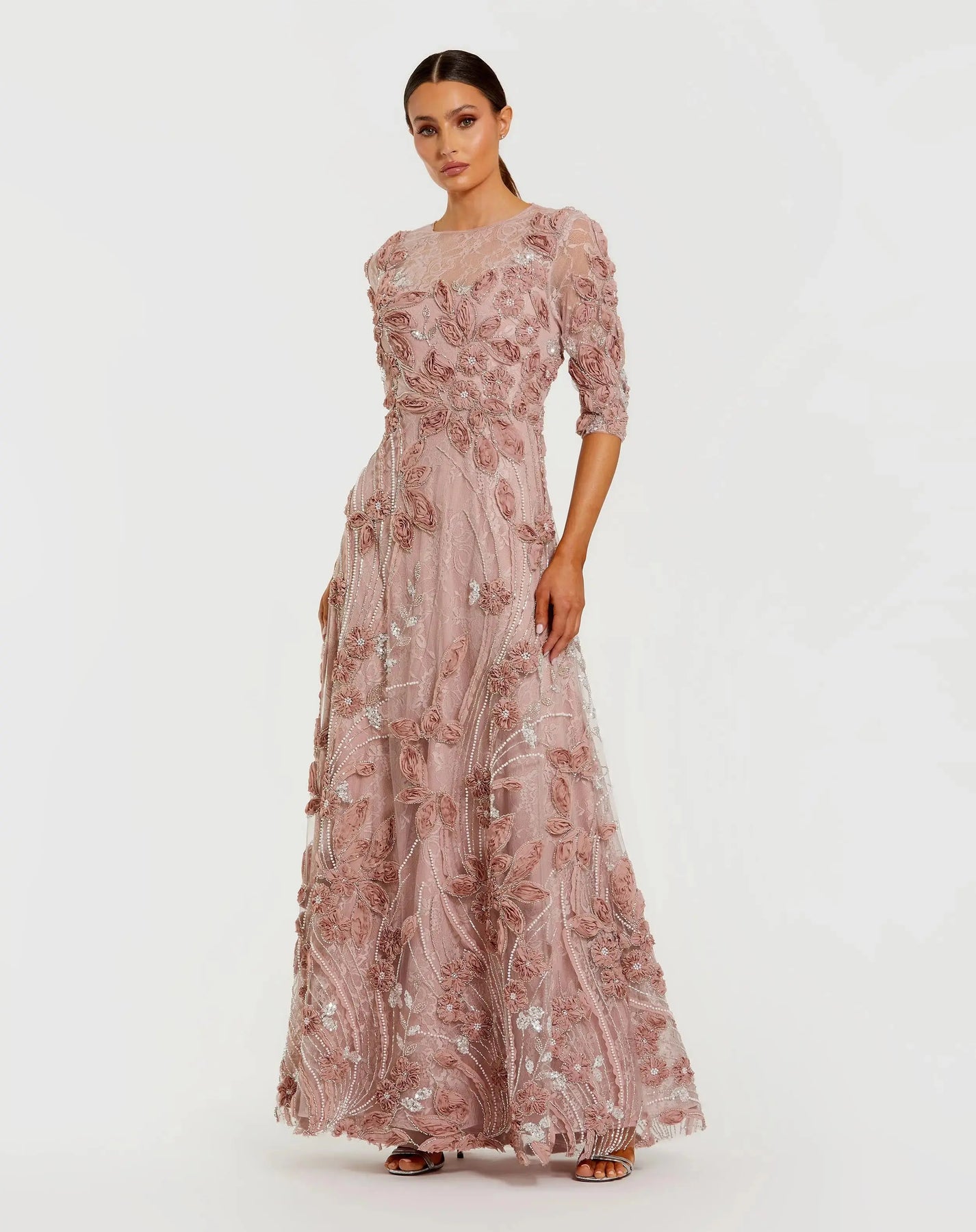Pink High Neck Embellished Lace Gown with 3/4 Sleeves | Mac Duggal