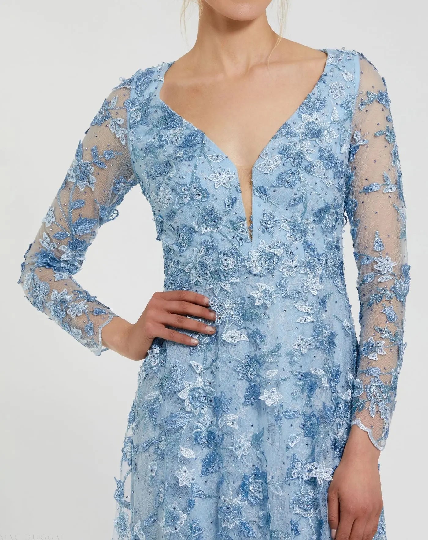 Blue Floral Applique Long Sleeve Illusion Gown | Mac Duggal