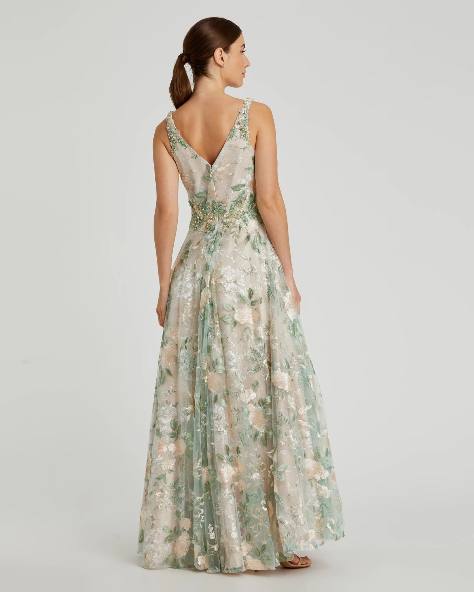 Multicolor Floral Embroidered Illusion V-Neck Gown | Mac Duggal