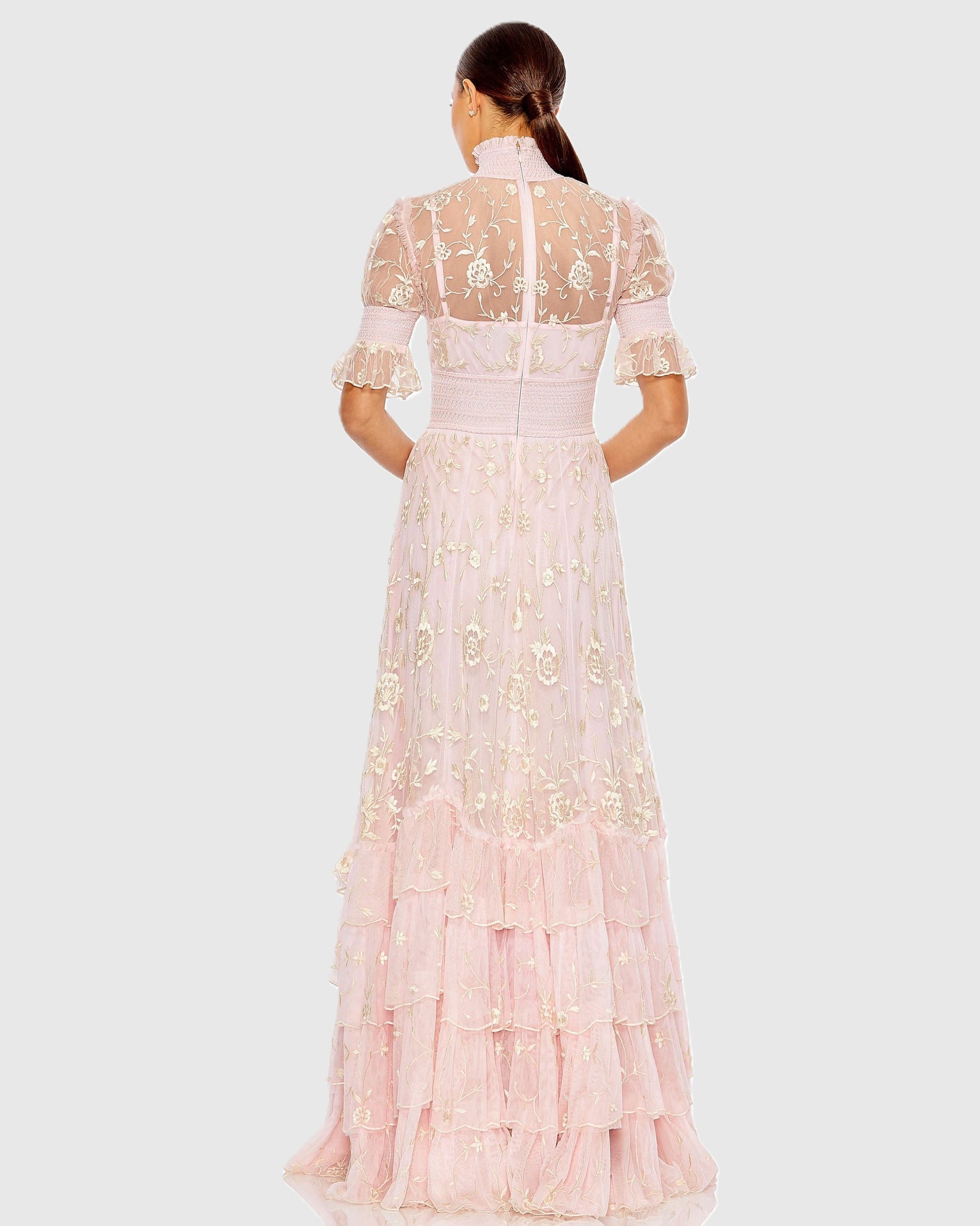 Pink Floral Embroidered Smock Neck Tiered Ruffle Dress | Mac Duggal