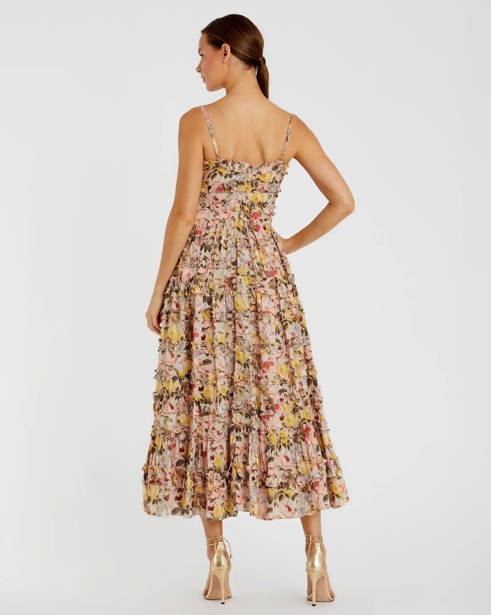 Beige Floral Printed Micro Ruffle Cotton Midi Dress | Mac Duggal