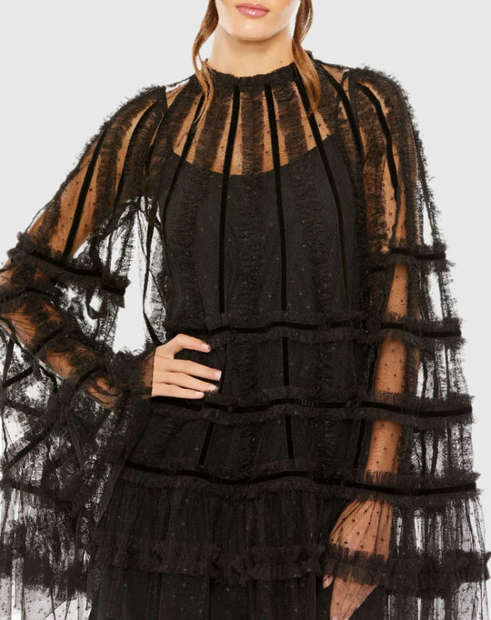 High Neck Ruffle Bell Sleeve Trapeze Dress – Mac Duggal