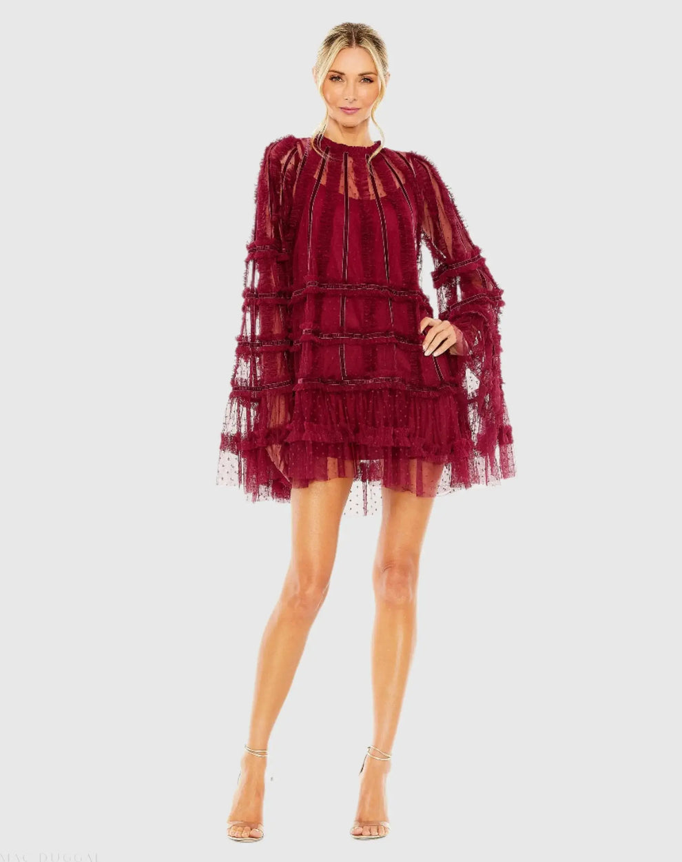 Red High Neck Ruffle Bell Sleeve Trapeze Dress - Mac Duggal