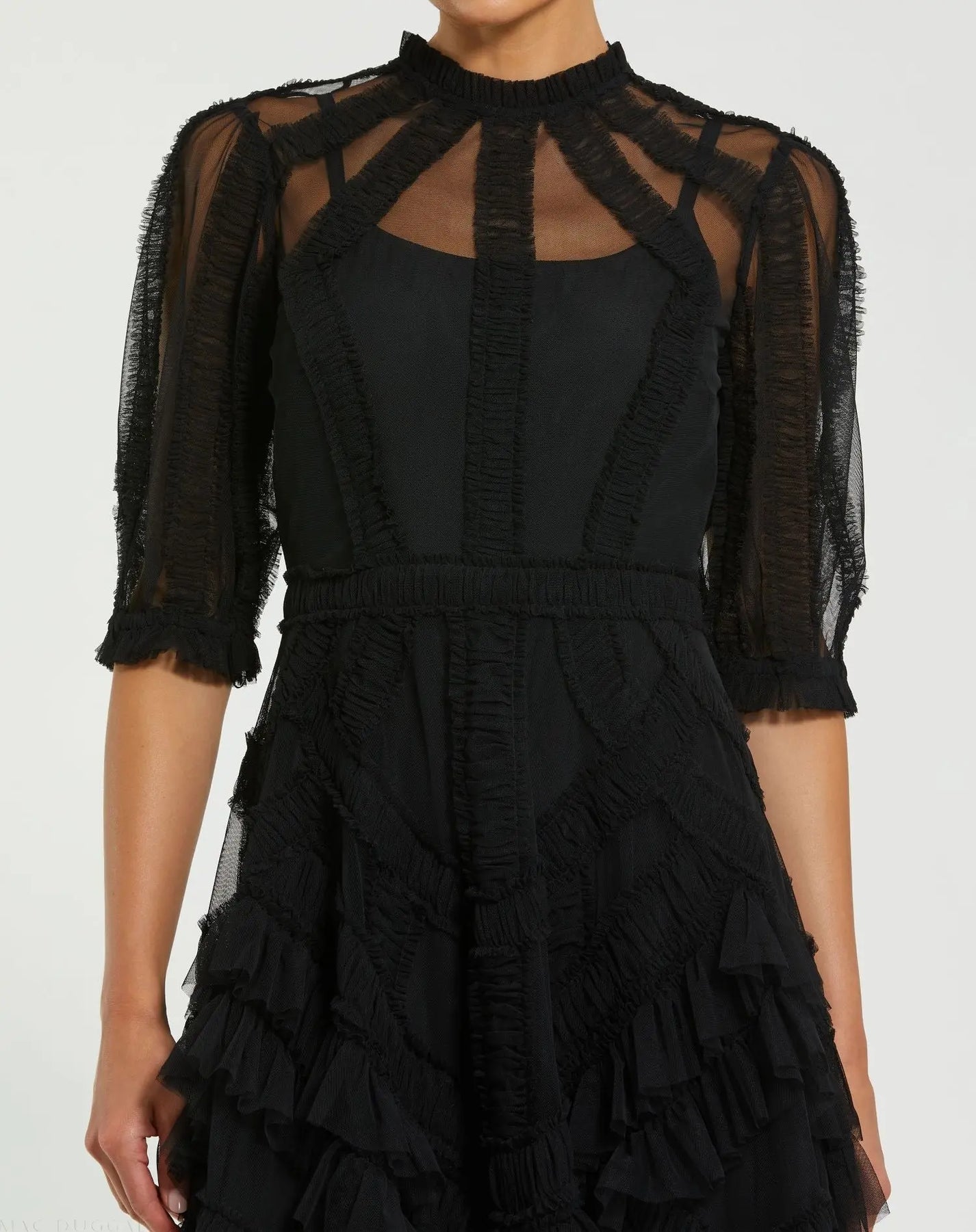 Black High Neck Ruffle Tiered A-Line Midi Dress | Mac Duggal