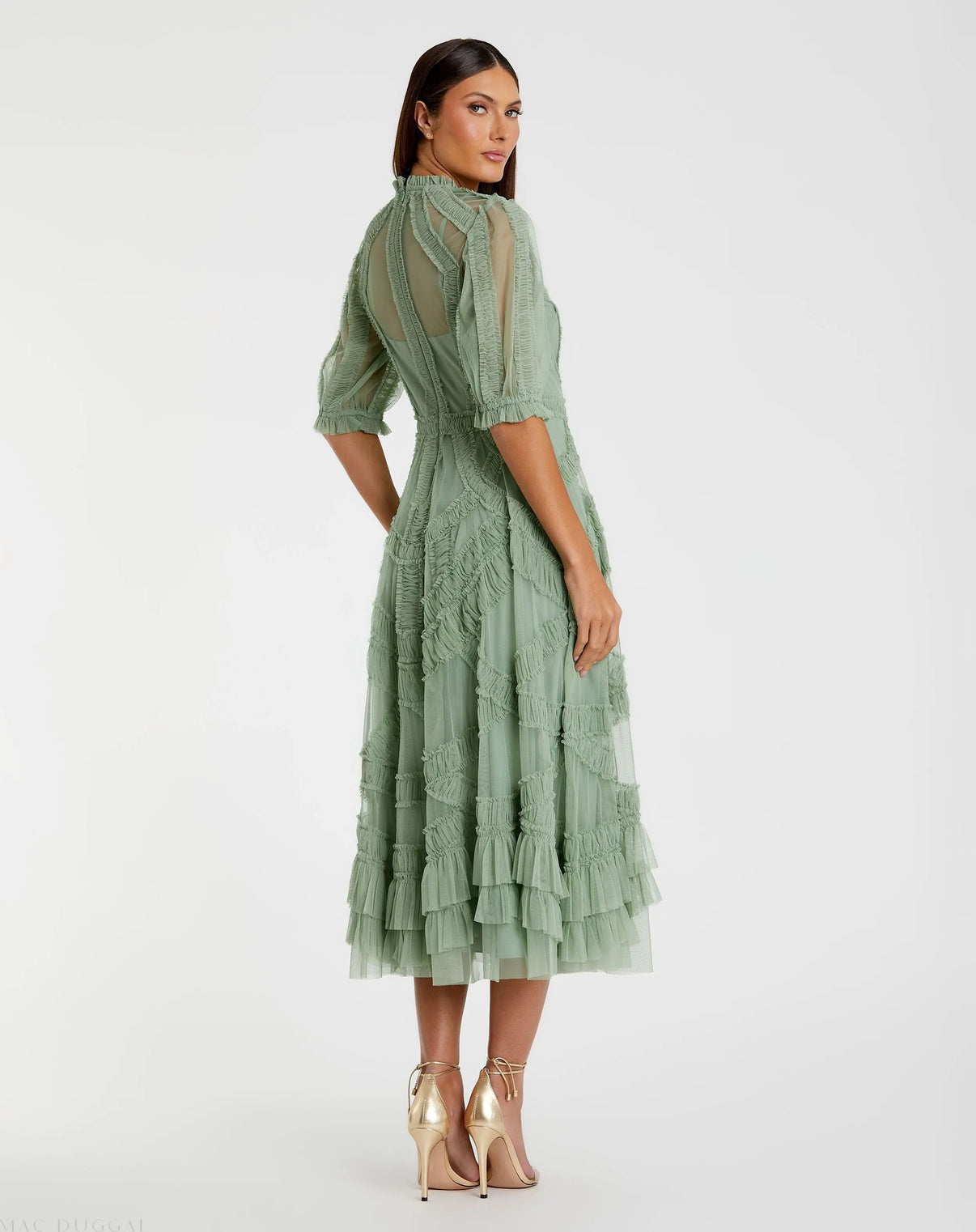 Green High Neck Ruffle Tiered A-Line Midi Dress | Mac Duggal