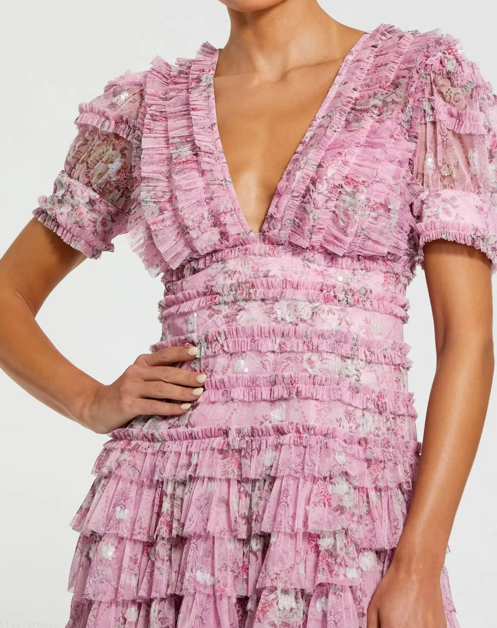 Purple Deep V Lace Back Puff Sleeve Mini Dress | Mac Duggal