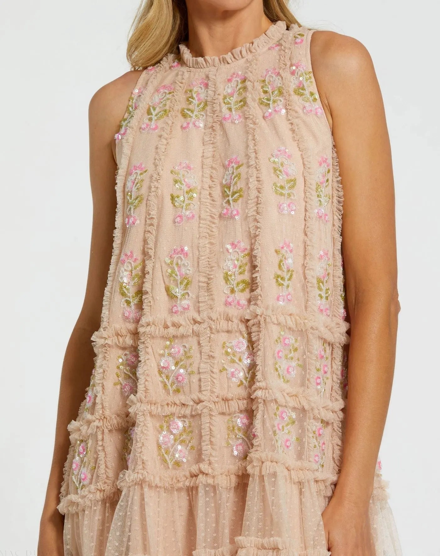 Beige Sleeveless High Neck Beaded Ruffle Mini Dress - Mac Duggal