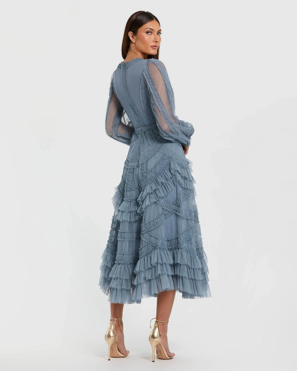 Blue Long Sleeve V-Neck Micro Ruffle Midi Dress | Mac Duggal