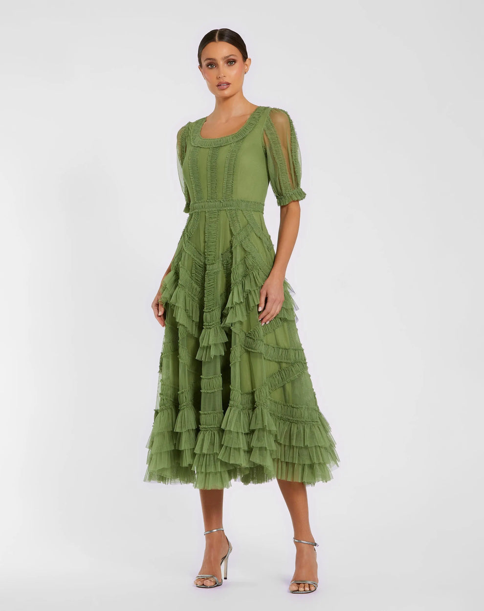 Green Short Sleeve Micro Ruffle Midi Dress | Mac Duggal