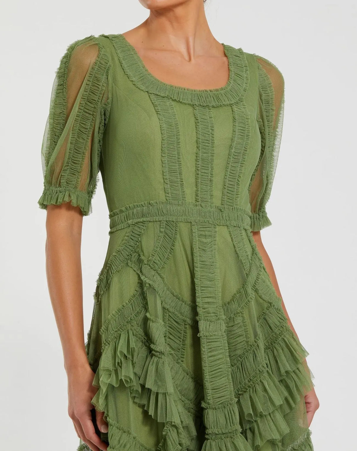 Green Short Sleeve Micro Ruffle Midi Dress | Mac Duggal