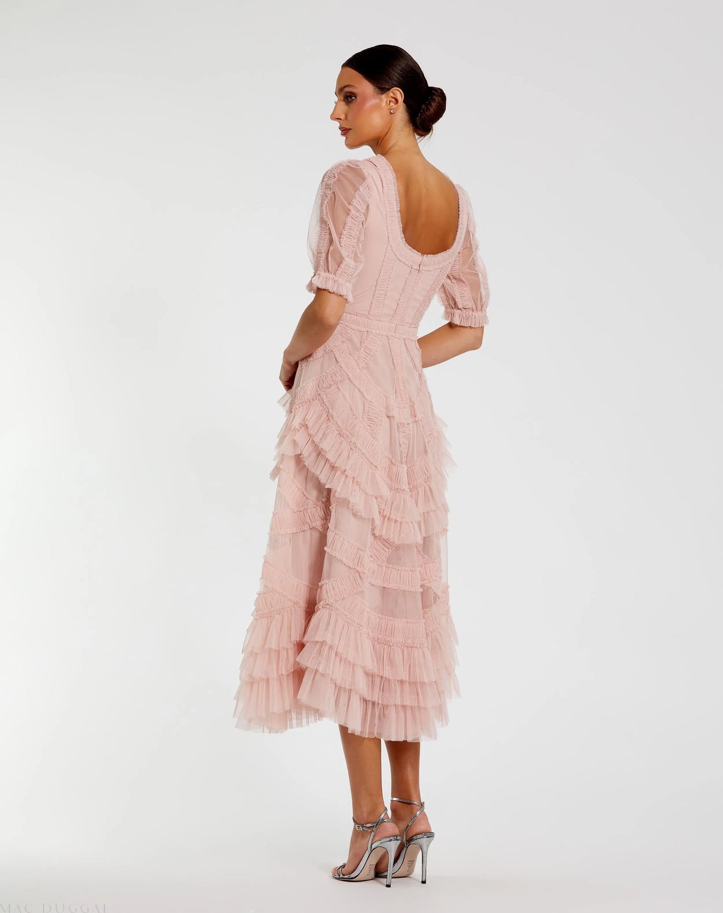 Pink Short Sleeve Micro Ruffle Midi Dress | Mac Duggal