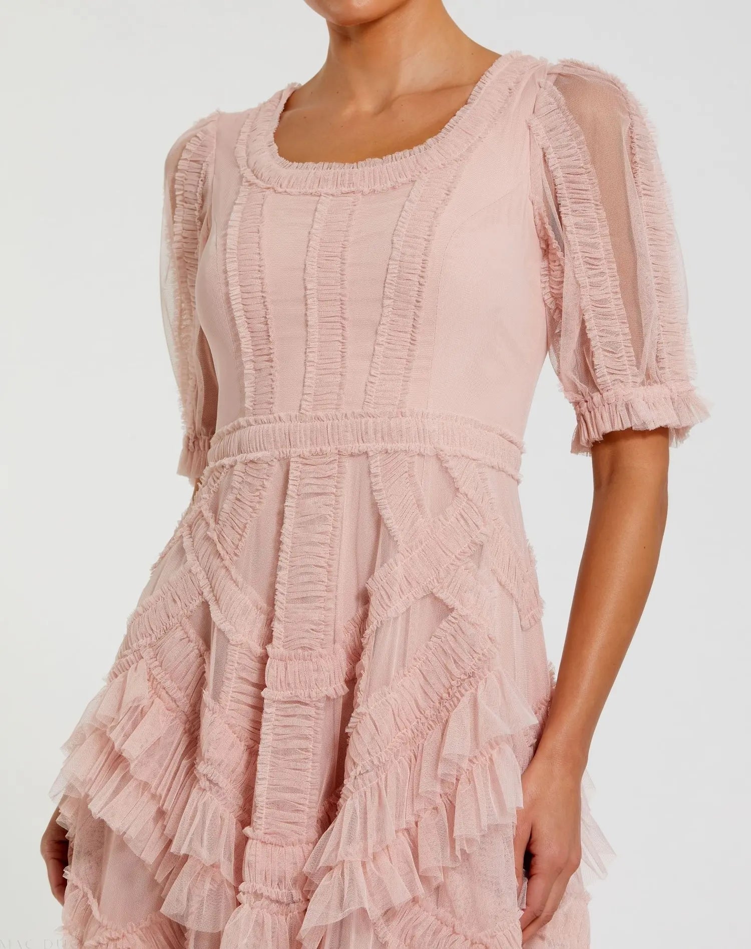 Pink Short Sleeve Micro Ruffle Midi Dress | Mac Duggal