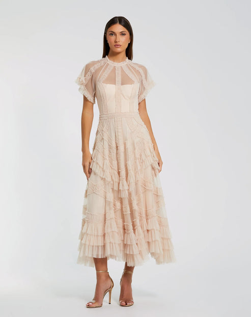 Pink Flutter Sleeve Micro Ruffle Midi Dress | Mac Duggal