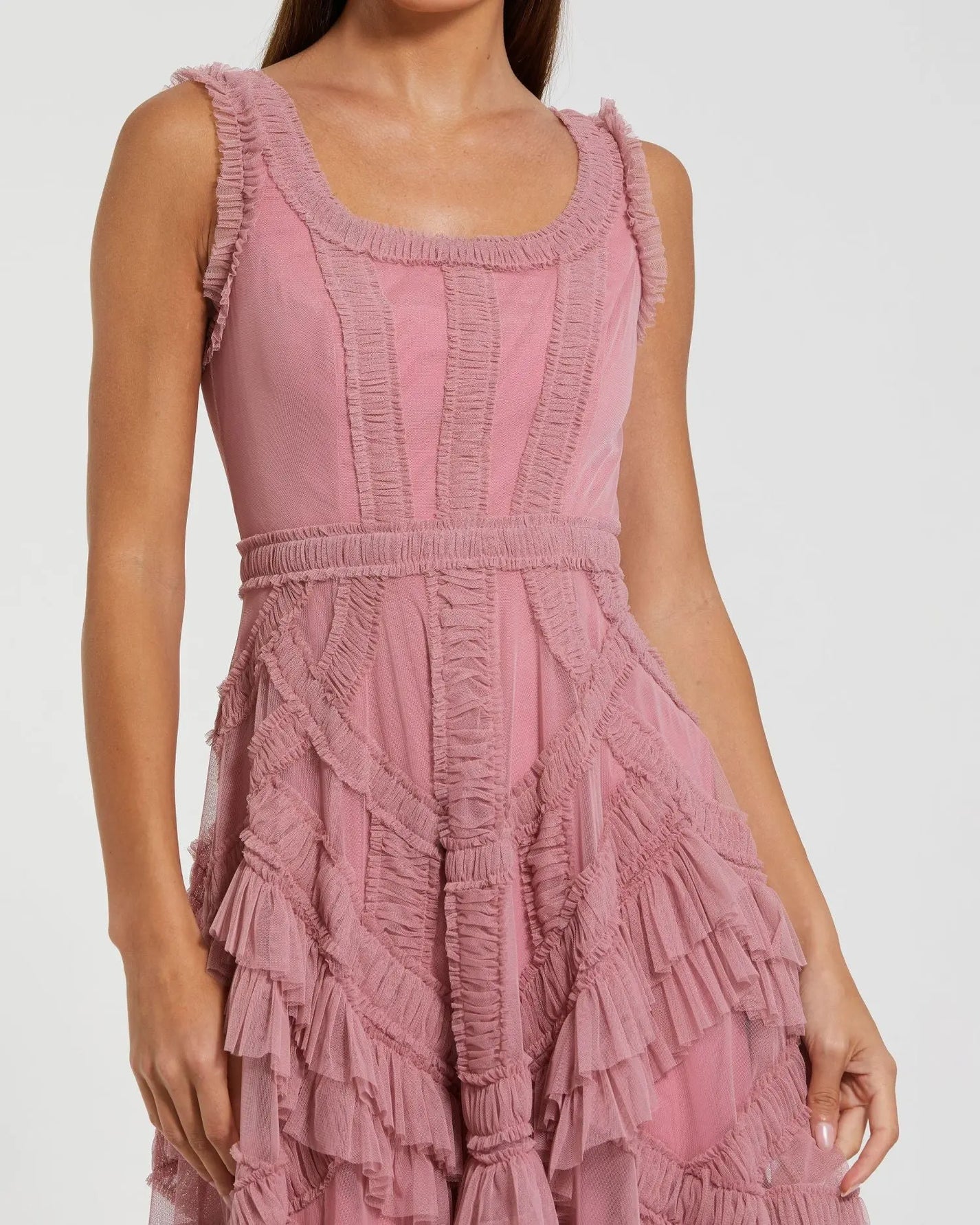 Pink Scoop Neck Sleeveless Mesh Micro Ruffle Midi Dress | Mac Duggal