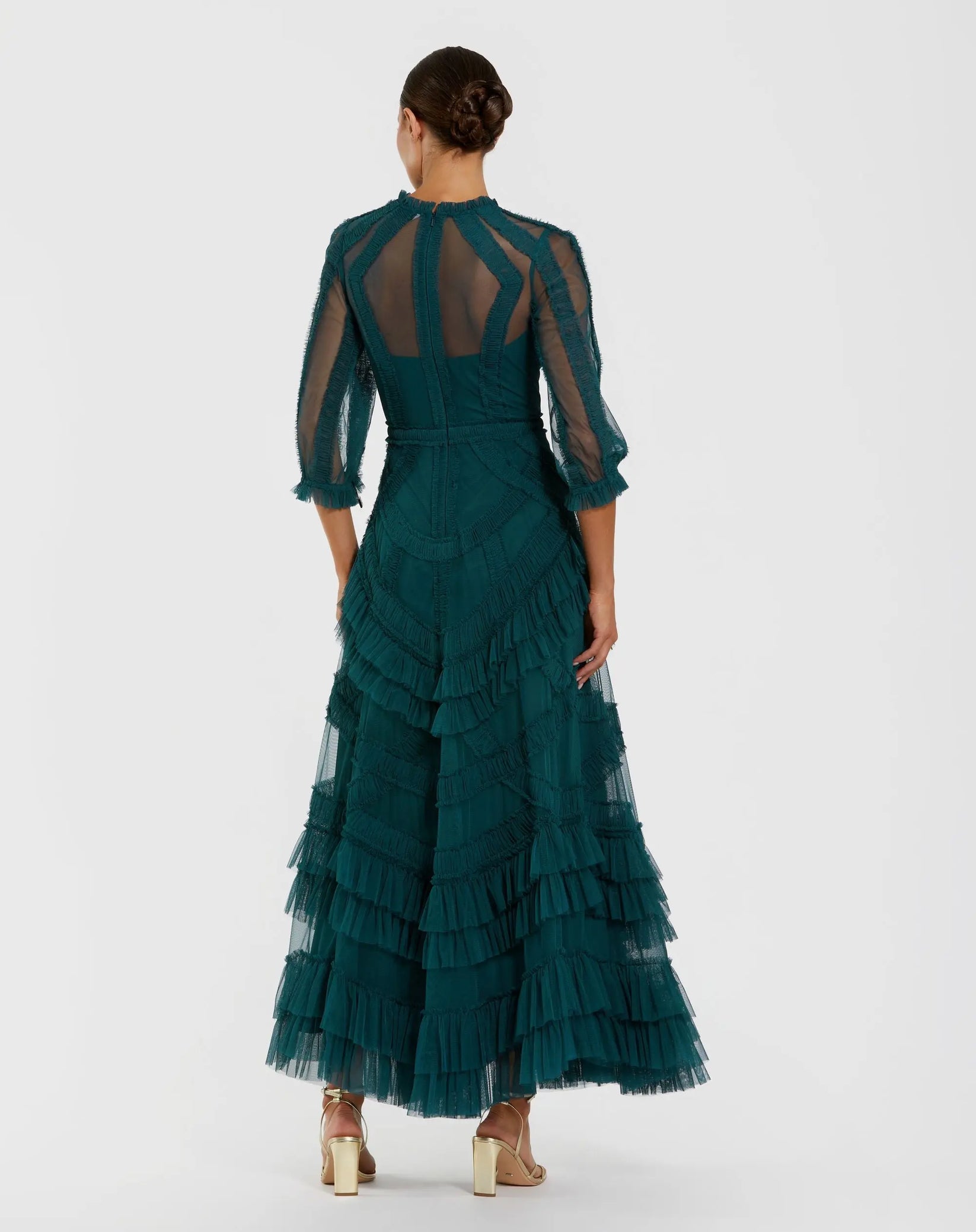 Teal High Neck Micro Ruffle Dress with 3/4 Puff Sleeves | Mac Duggal