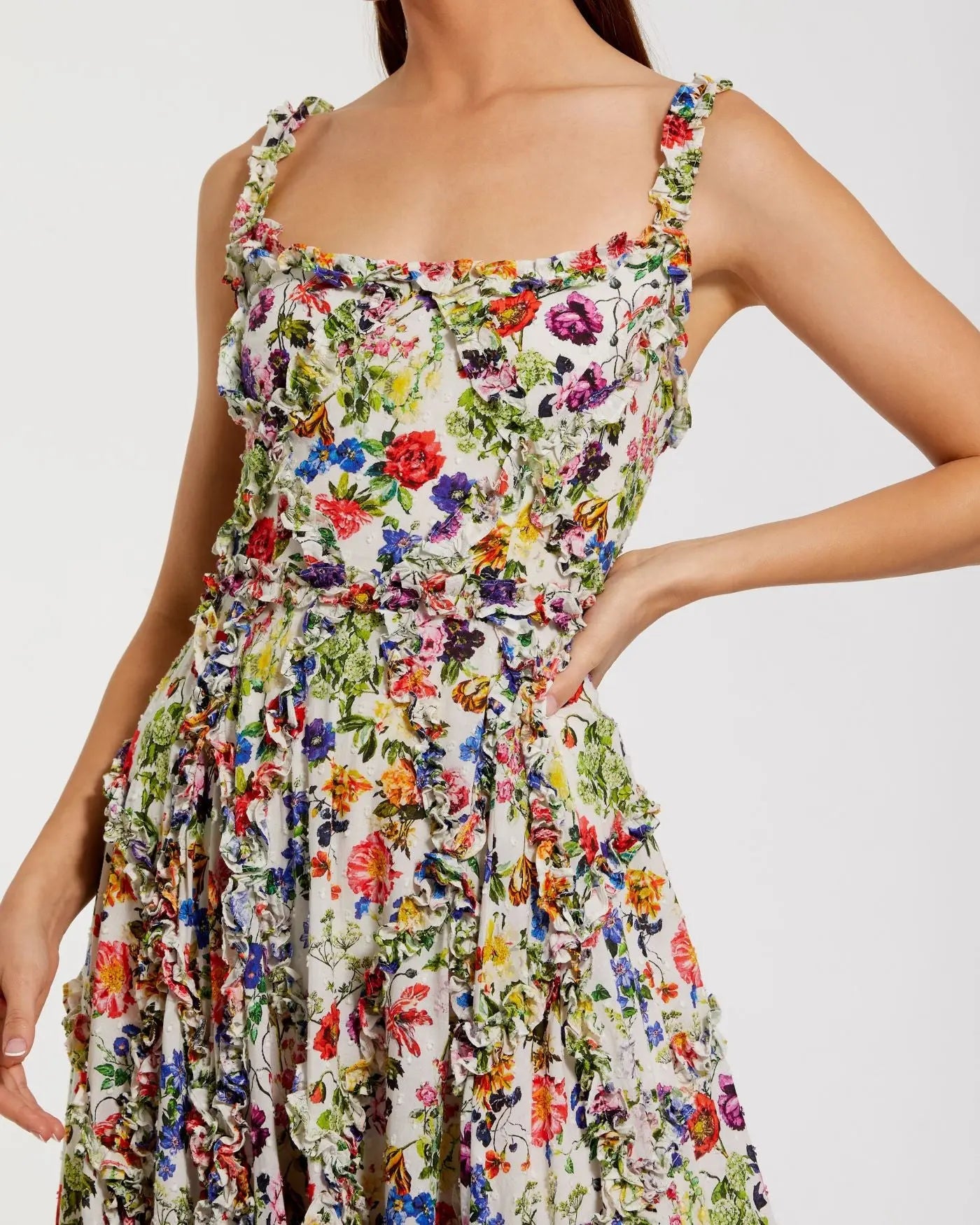 Multicolor Ruffle Scoop Neck Floral A-Line Dress | Mac Duggal