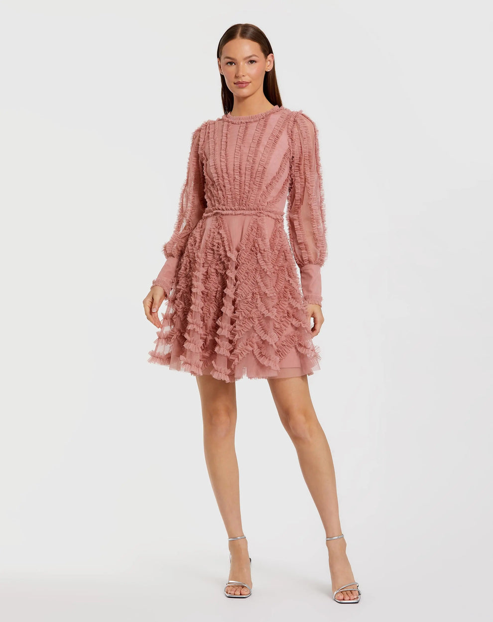 Pink Ruffle Lace Up Back Long Sleeve Mini Dress | Mac Duggal