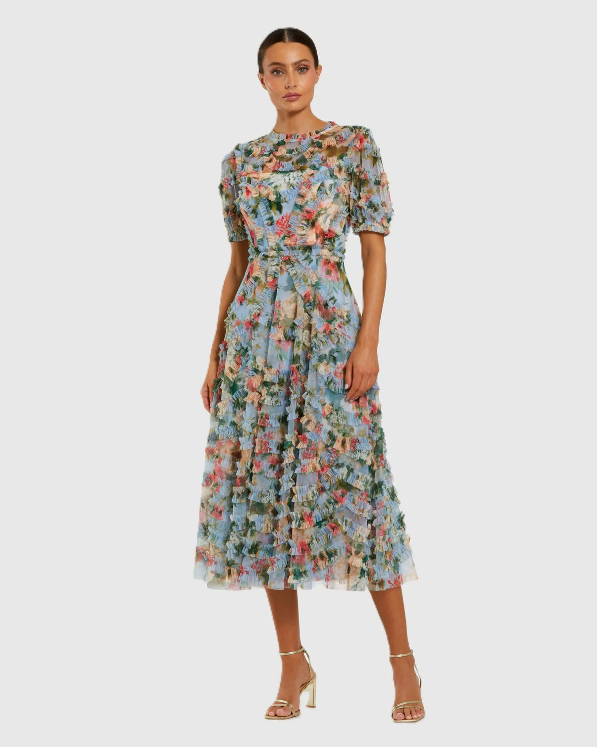 Blue Floral Mesh Ruffle High Neck Midi Dress | Mac Duggal