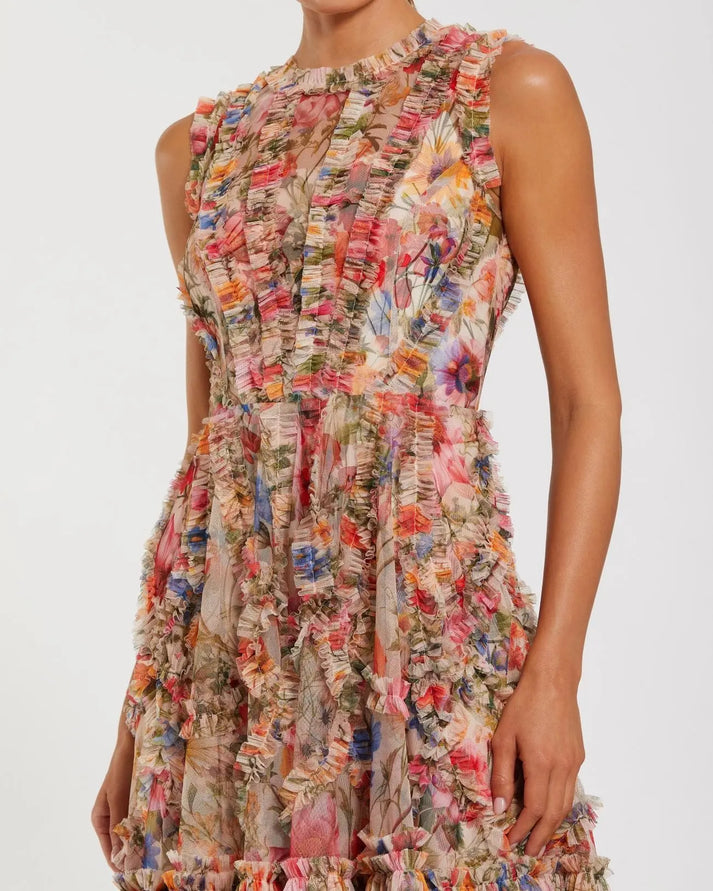 Multicolor Micro Ruffle High Neck A-Line Mini Dress | Mac Duggal