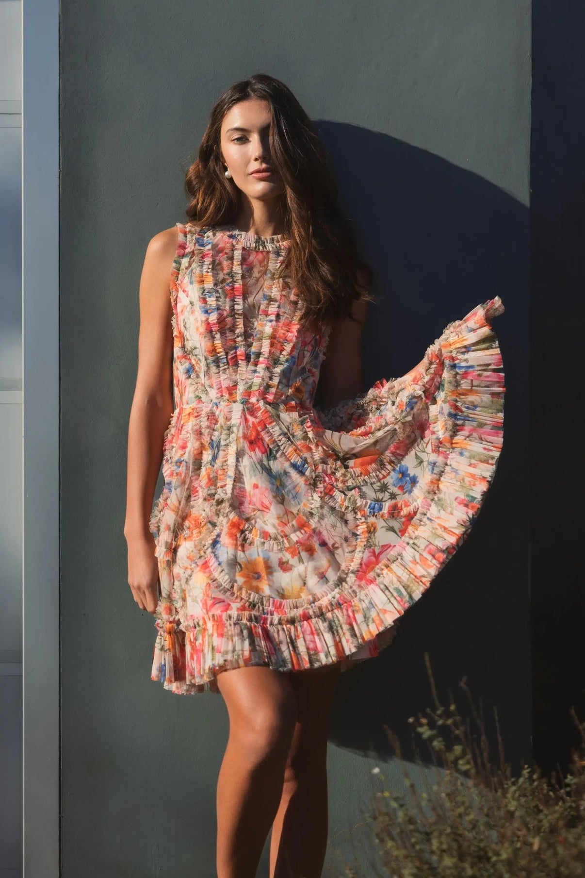 Multicolor Micro Ruffle Floral A-Line Mini Dress | Mac Duggal