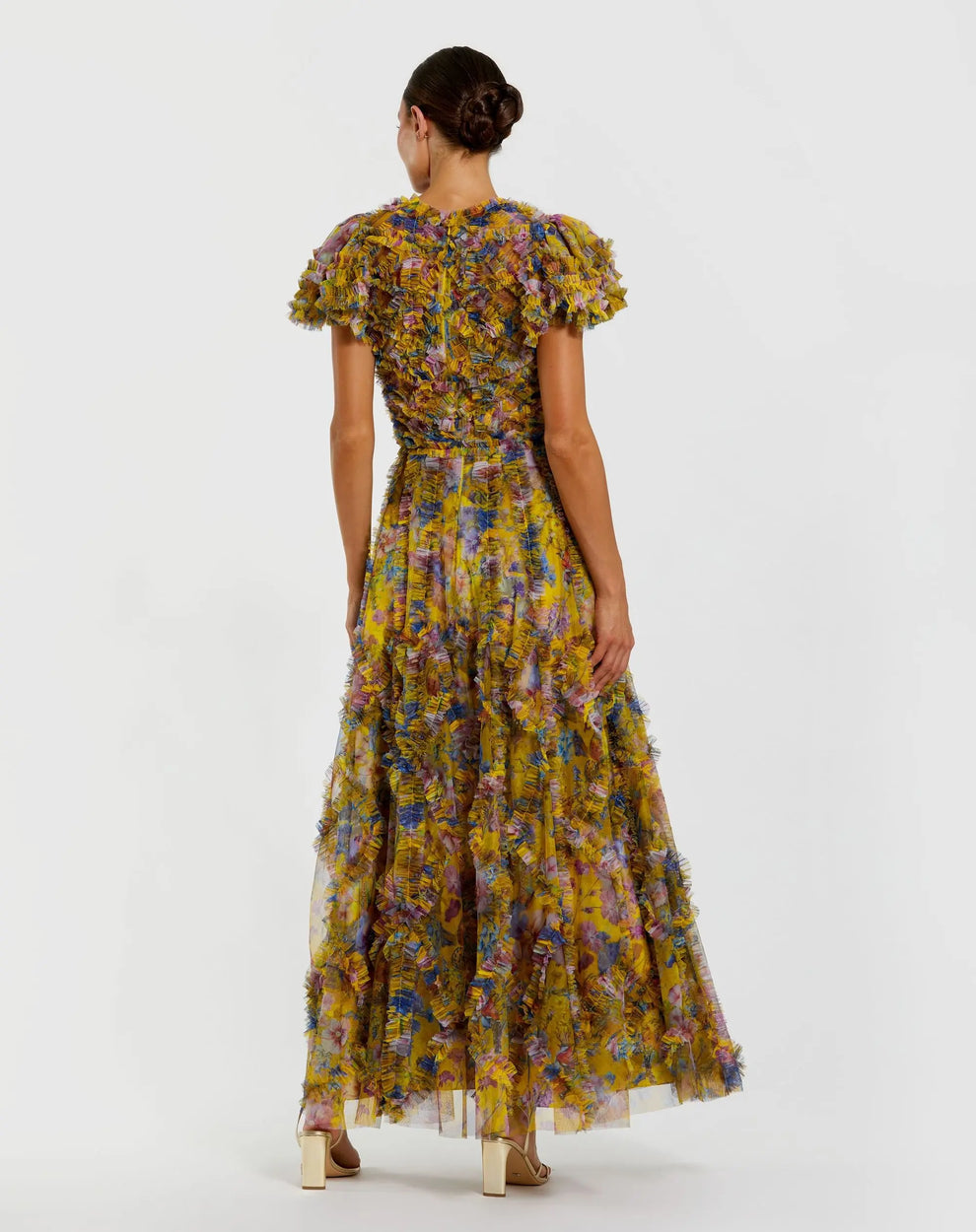 Yellow Micro Ruffle Floral Maxi Dress | Mac Duggal
