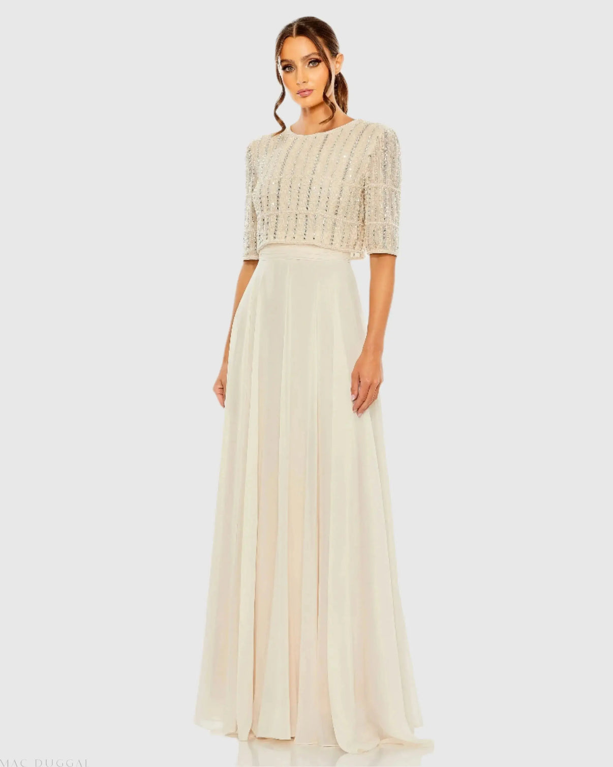 Beige Chiffon Gown w/ Fully Beaded 3/4 Sleeve Top - Mac Duggal