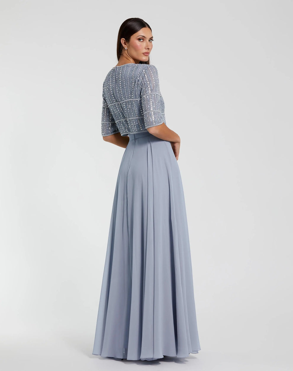 Blue Chiffon Gown w/ Fully Beaded 3/4 Sleeve Top | Mac Duggal