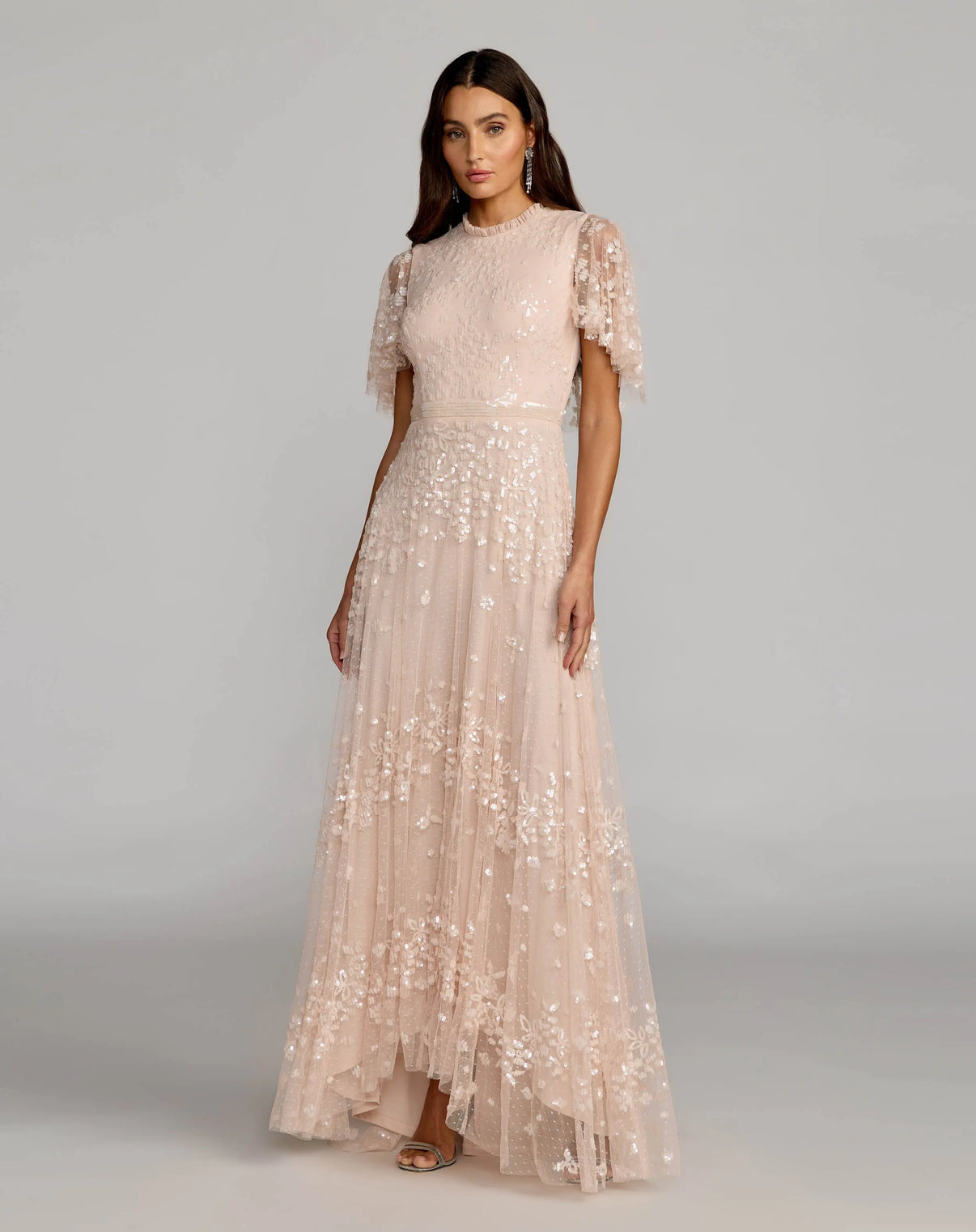 Pink Sequined High Neck Flutter Sleeve A Line Gown | Mac Duggal