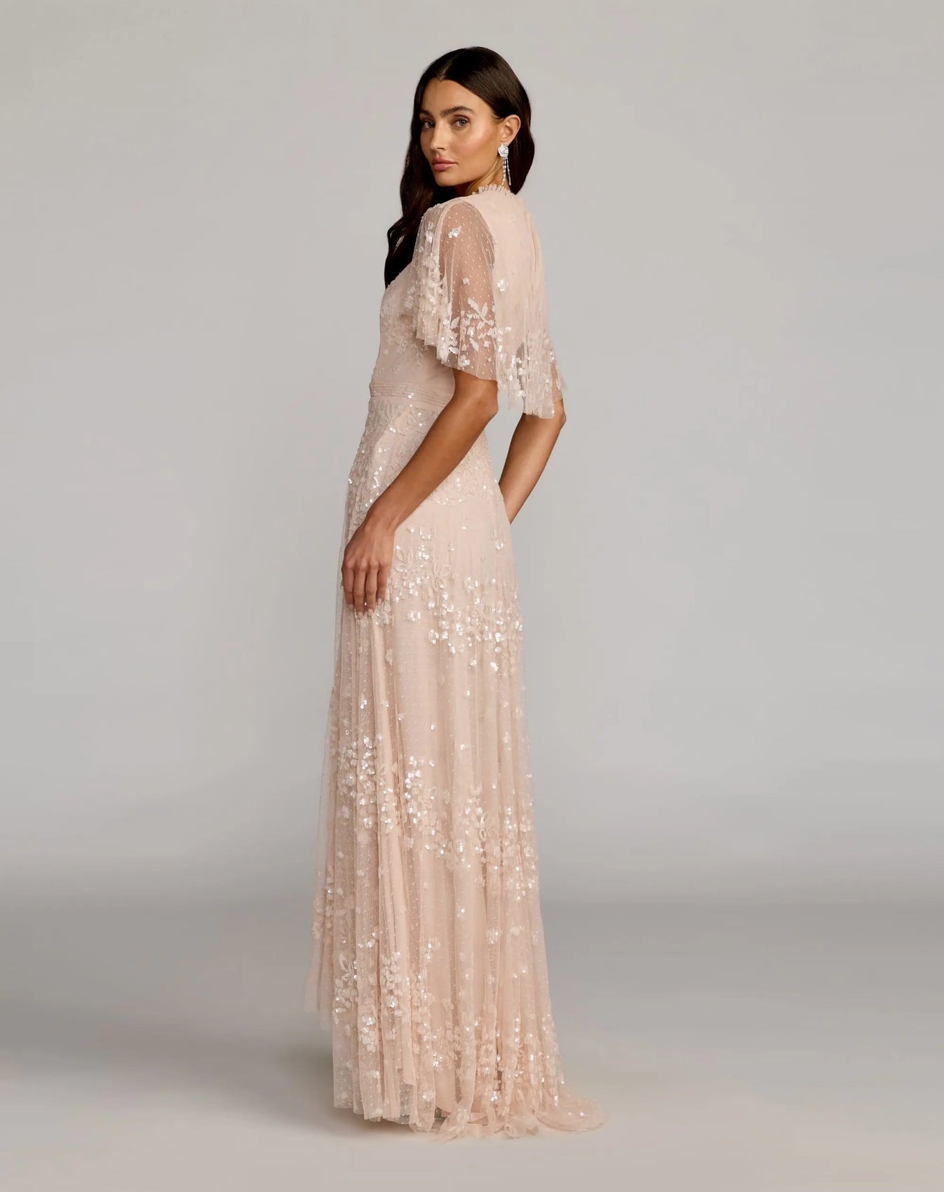 Pink Sequined High Neck Flutter Sleeve A Line Gown | Mac Duggal
