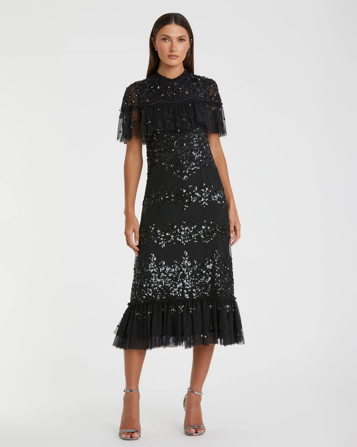 Black Sequined High Neck Ruffled Midi Dress | Mac Duggal