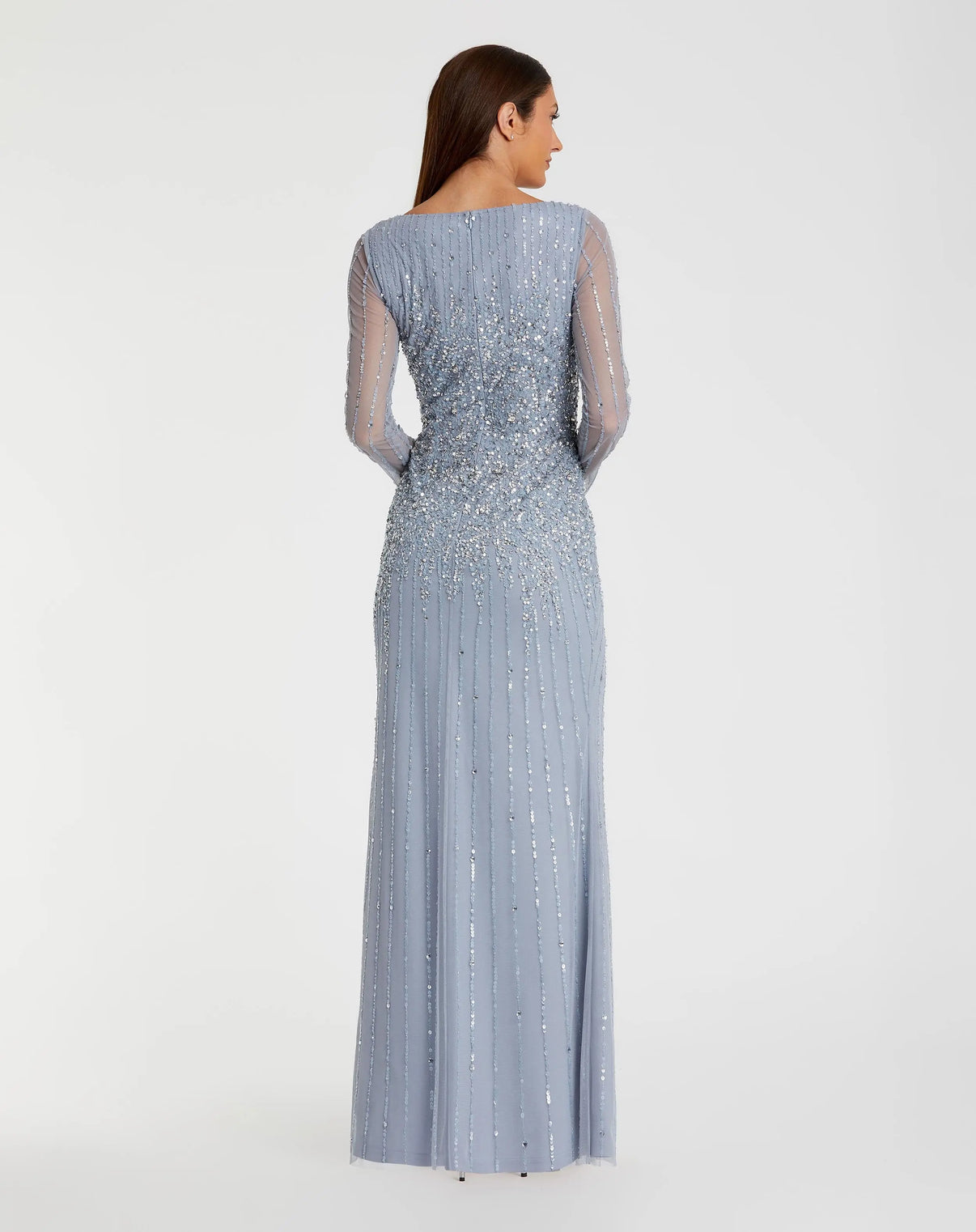 Blue Boat Neck Sequin Embellished Long Sleeve A Line Gown | Mac Duggal