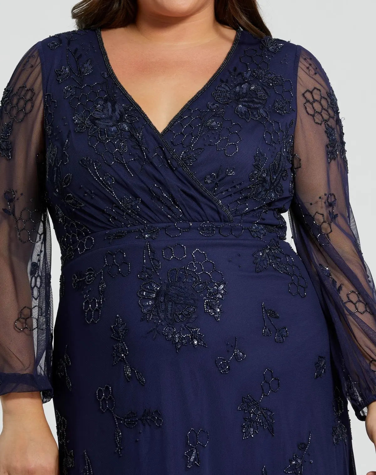 Navy Puff Sleeve V-Neck Tiered Embellished Gown (Plus) | Mac Duggal