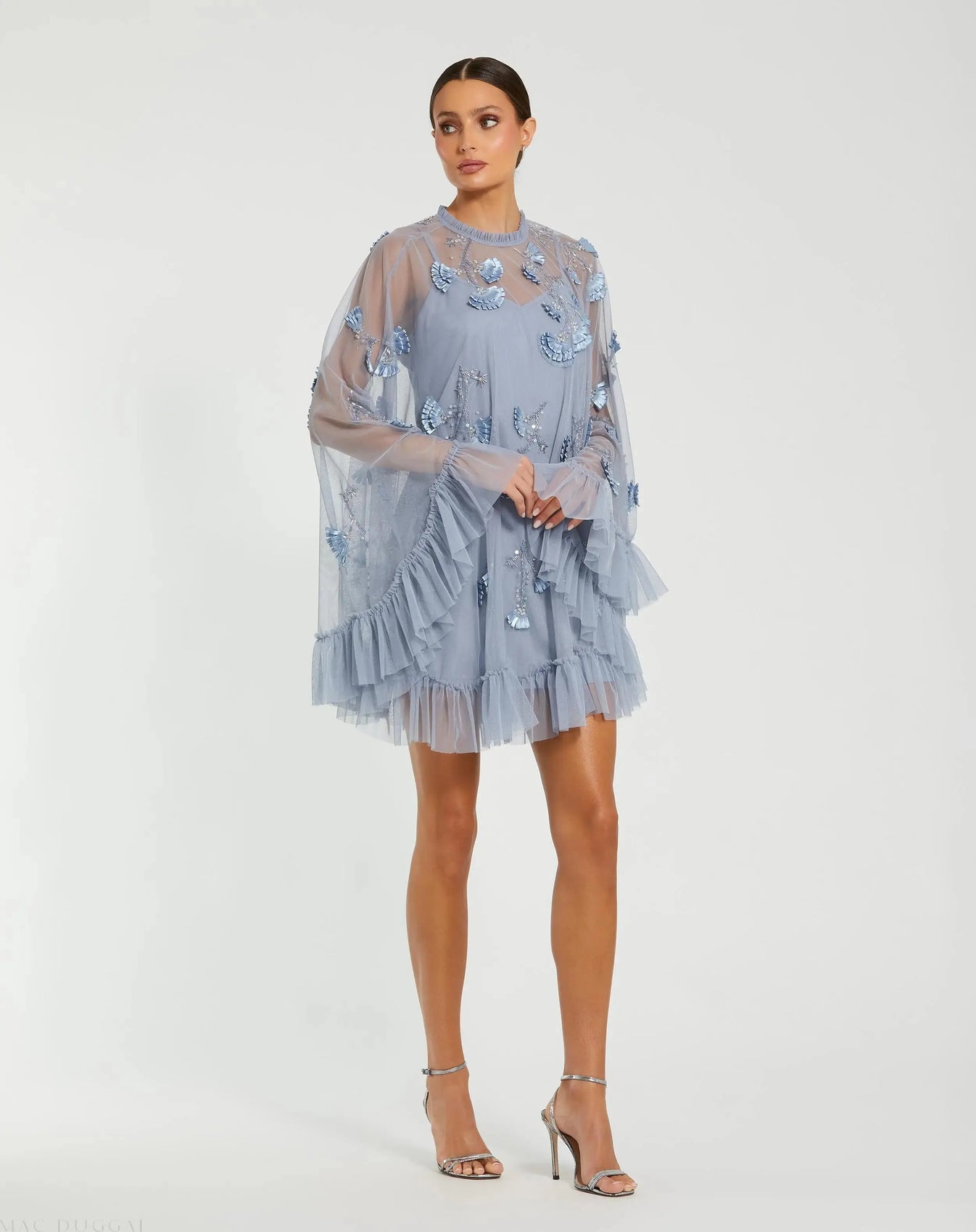 Blue Embellished Long Flare Sleeve Mesh Trapeze Dress - Mac Duggal