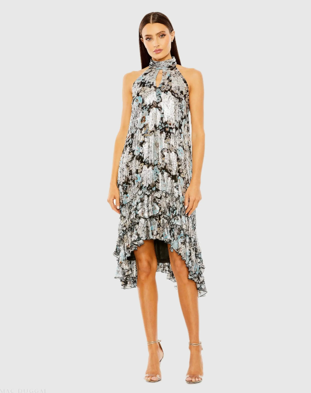 Black Floral High Neck Keyhole Ruffle Mini Dress | Mac Duggal
