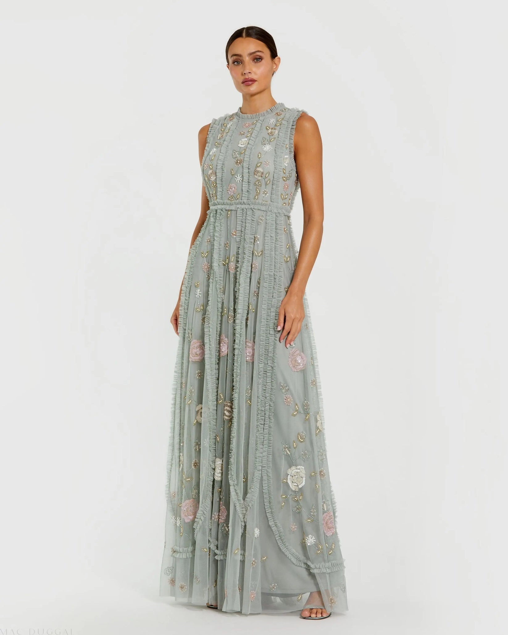 Green Floral Mesh Sleeveless A Line Micro Ruffle Gown | Mac Duggal