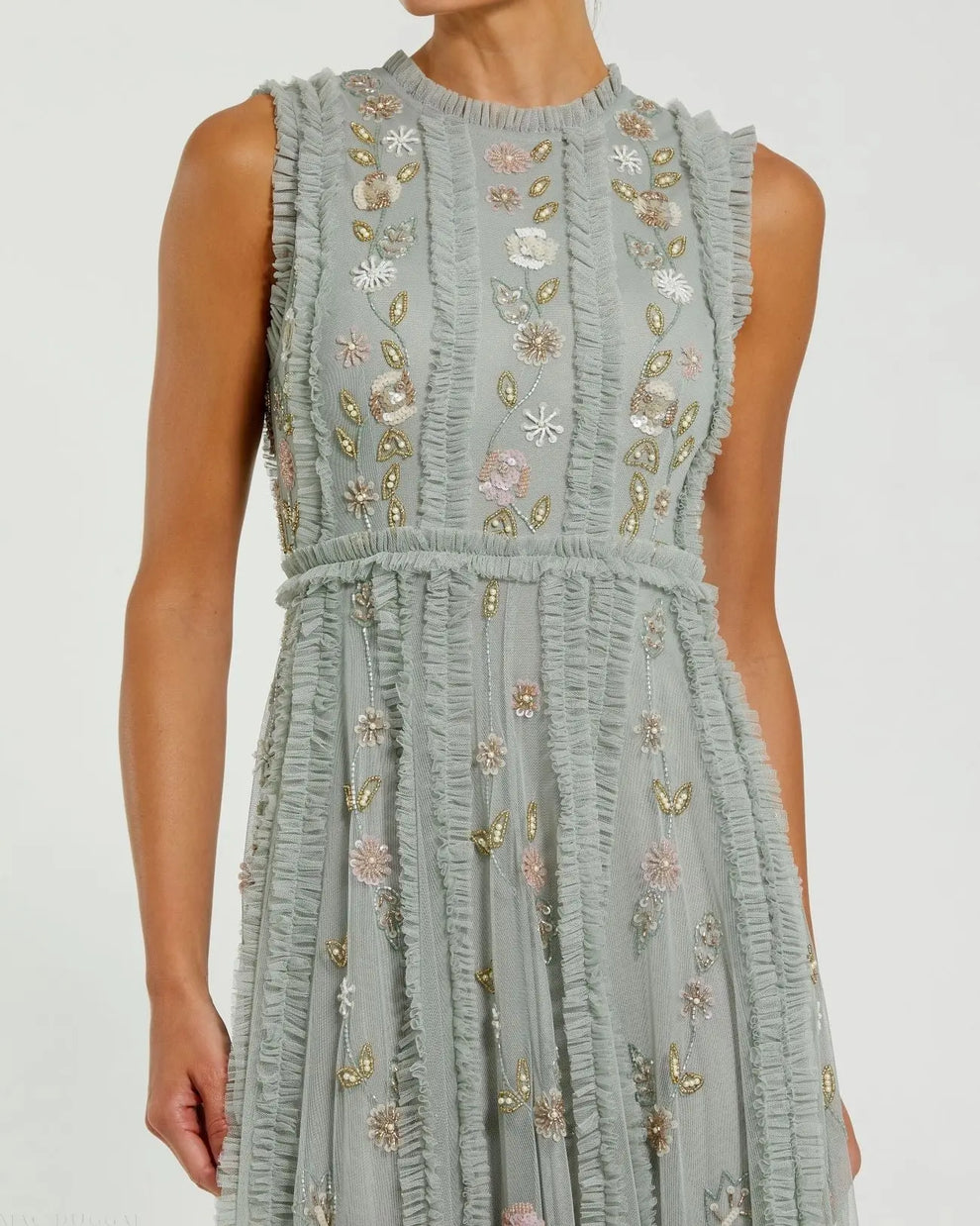 Green Floral Mesh Sleeveless A Line Micro Ruffle Gown | Mac Duggal