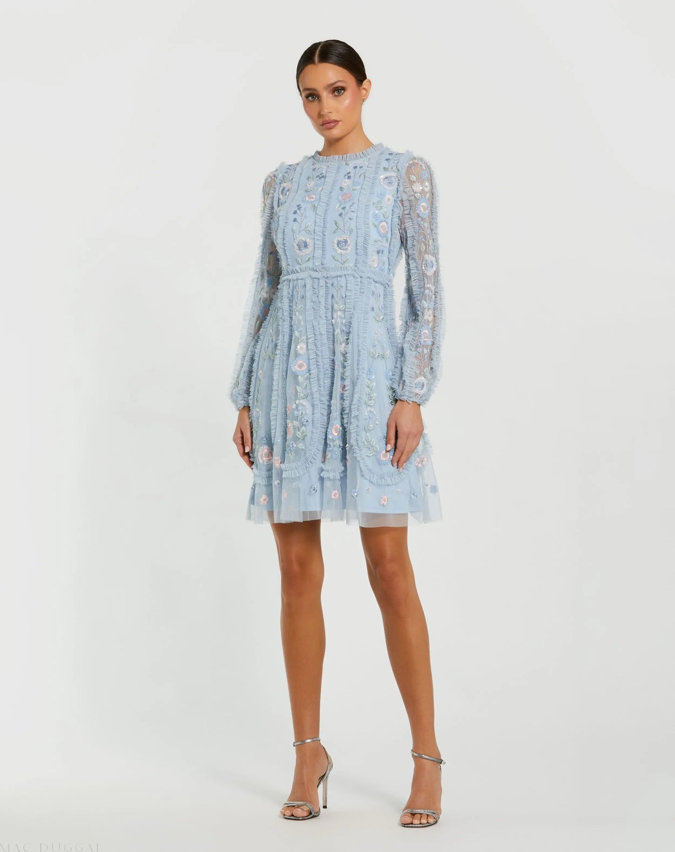 Blue Floral Mesh Long Sleeve Micro Ruffle Mini Dress | Mac Duggal