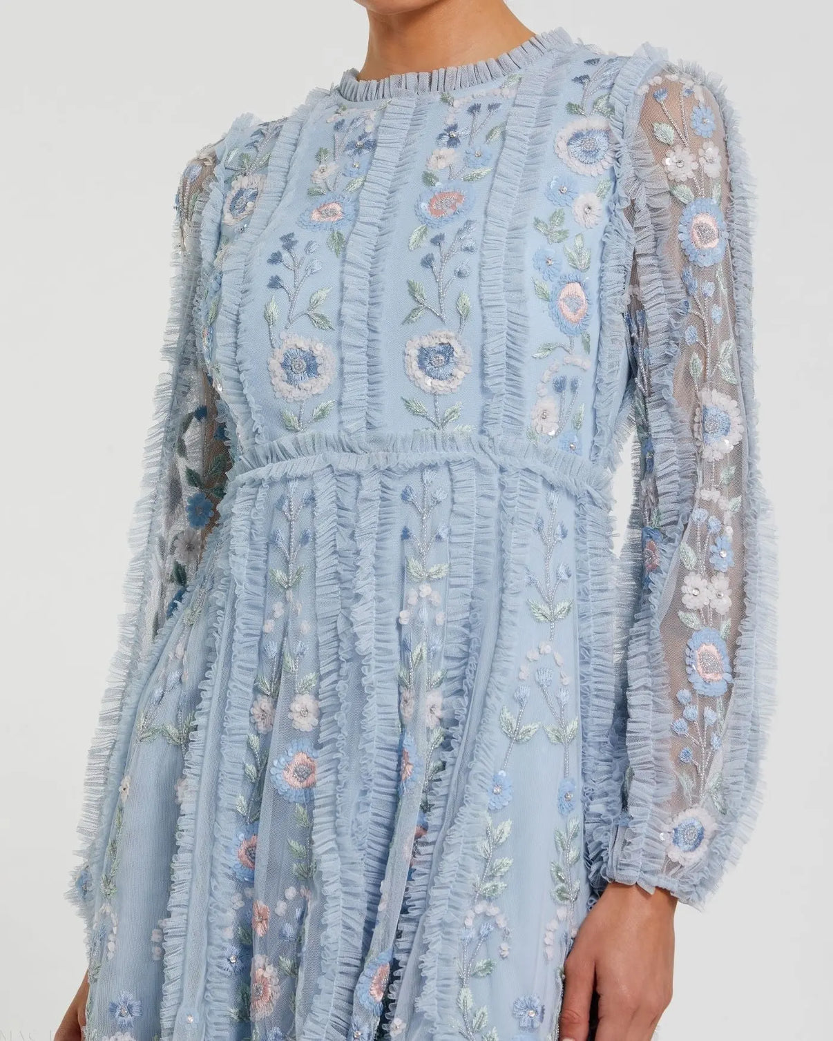 Blue Floral Mesh Long Sleeve Micro Ruffle Mini Dress | Mac Duggal