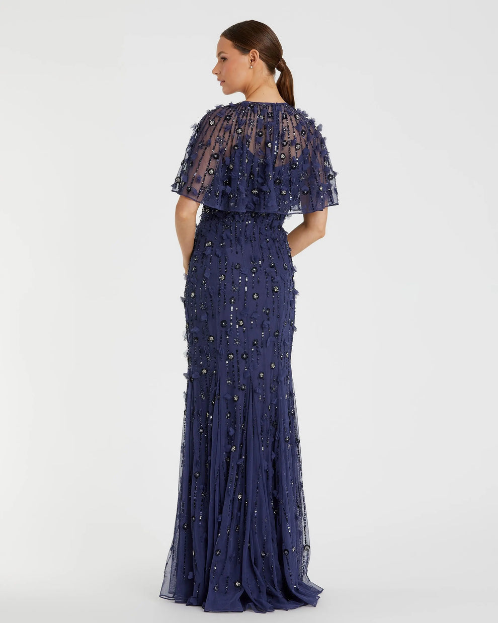 Navy Embellished Illusion Cape Sleeve Trumpet Gown | Mac Duggal