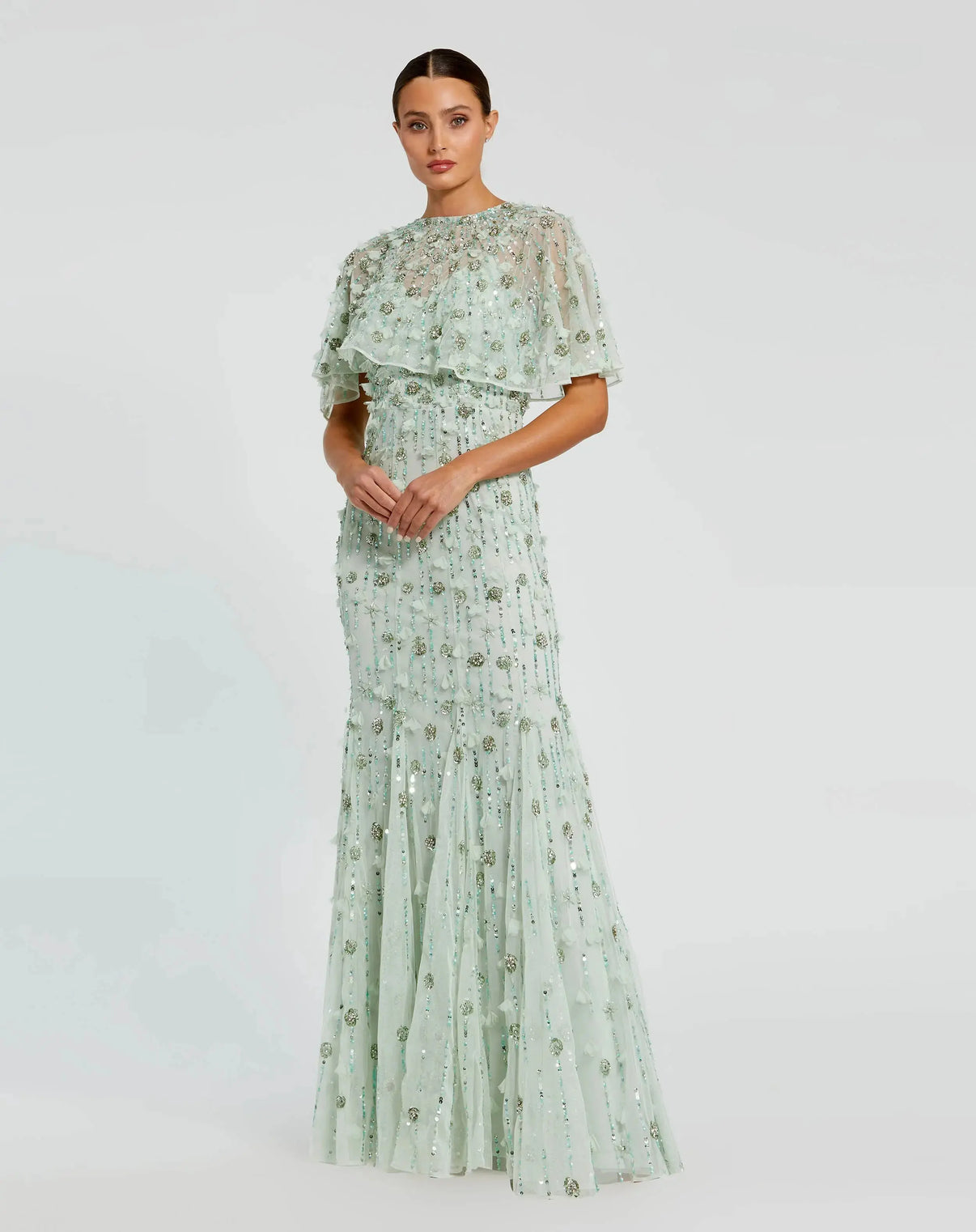 Green Embellished Illusion Cape Sleeve Trumpet Gown | Mac Duggal