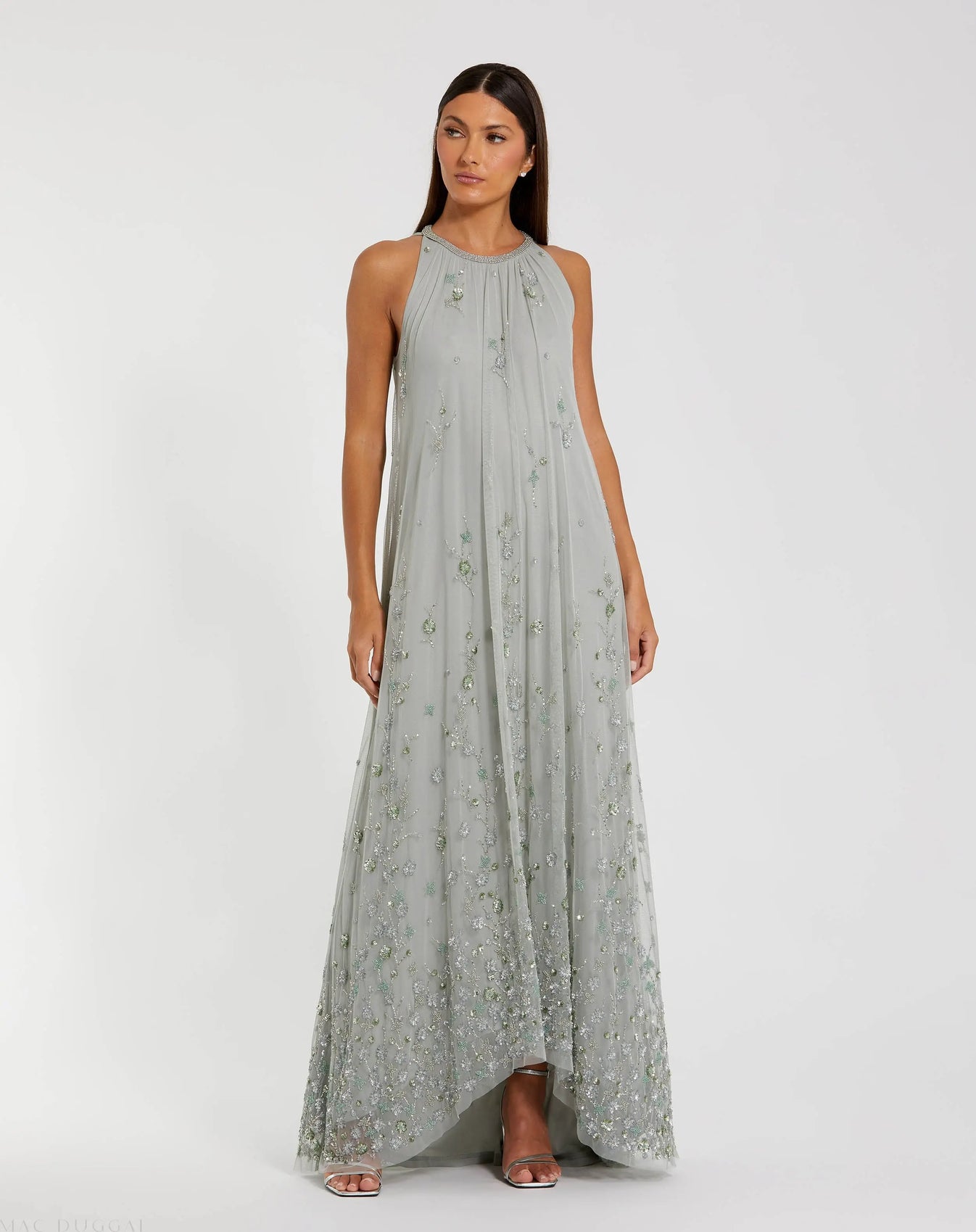 Green High Neck Floral Embellished Mesh Trapeze Gown - Mac Duggal