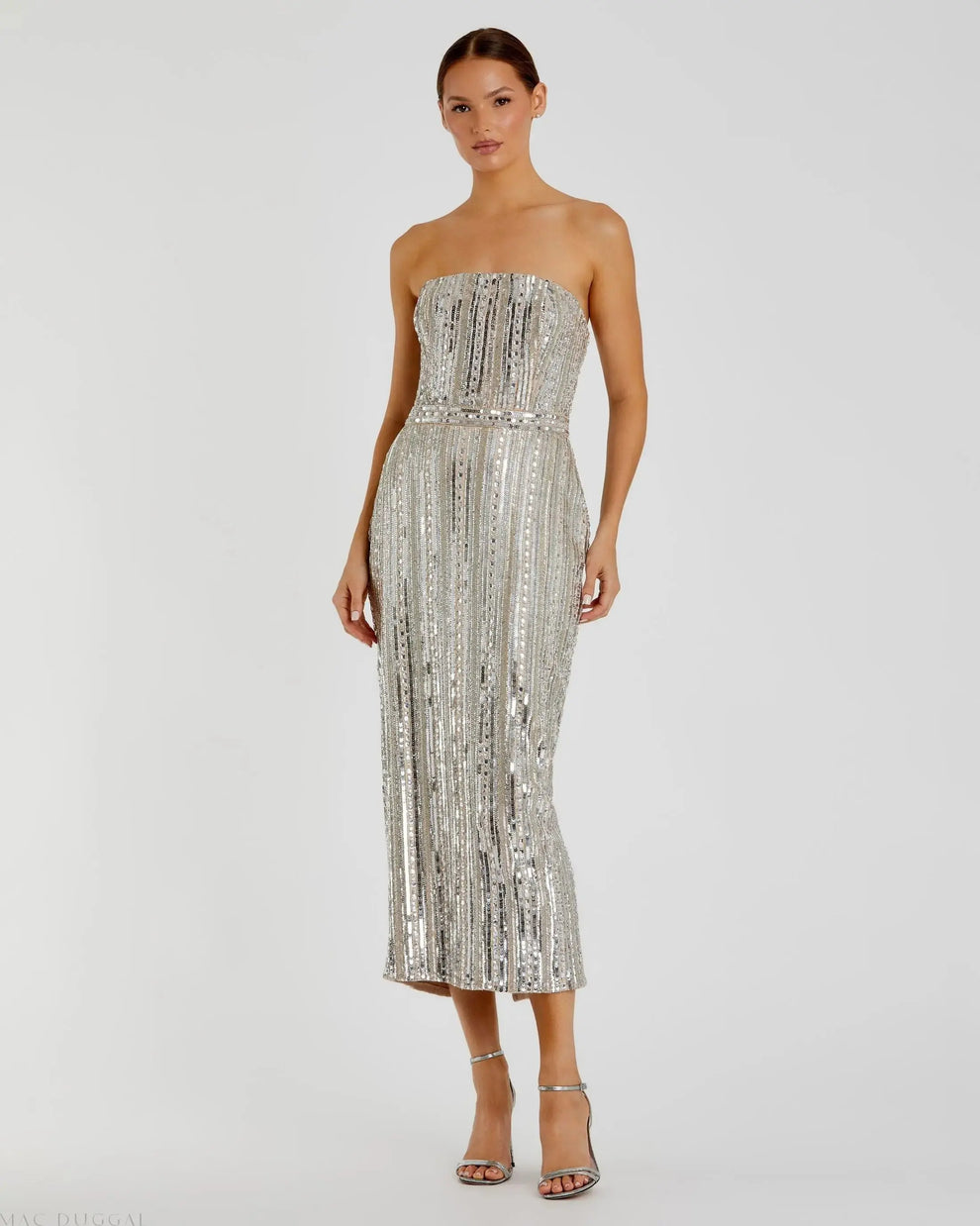 Silver and Beige Embellished Strapless Sheath Dress - Mac Duggal
