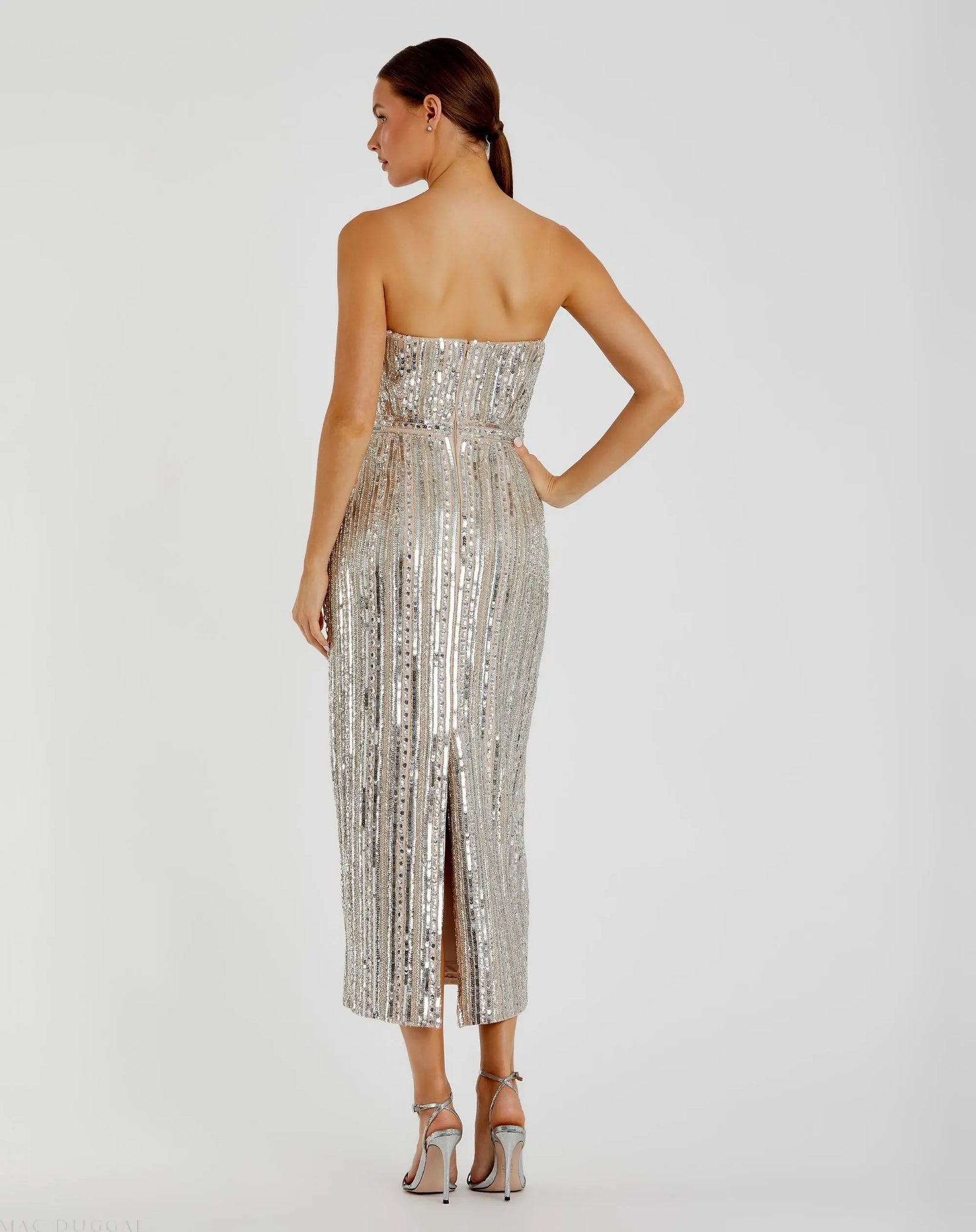 Silver and Beige Embellished Strapless Sheath Dress - Mac Duggal