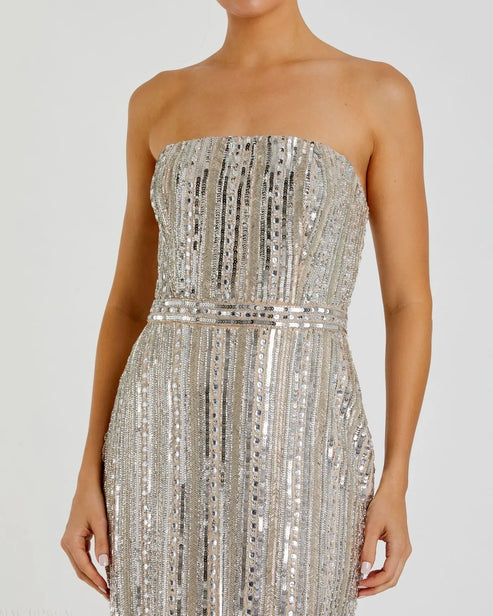 Silver and Beige Embellished Strapless Sheath Dress - Mac Duggal