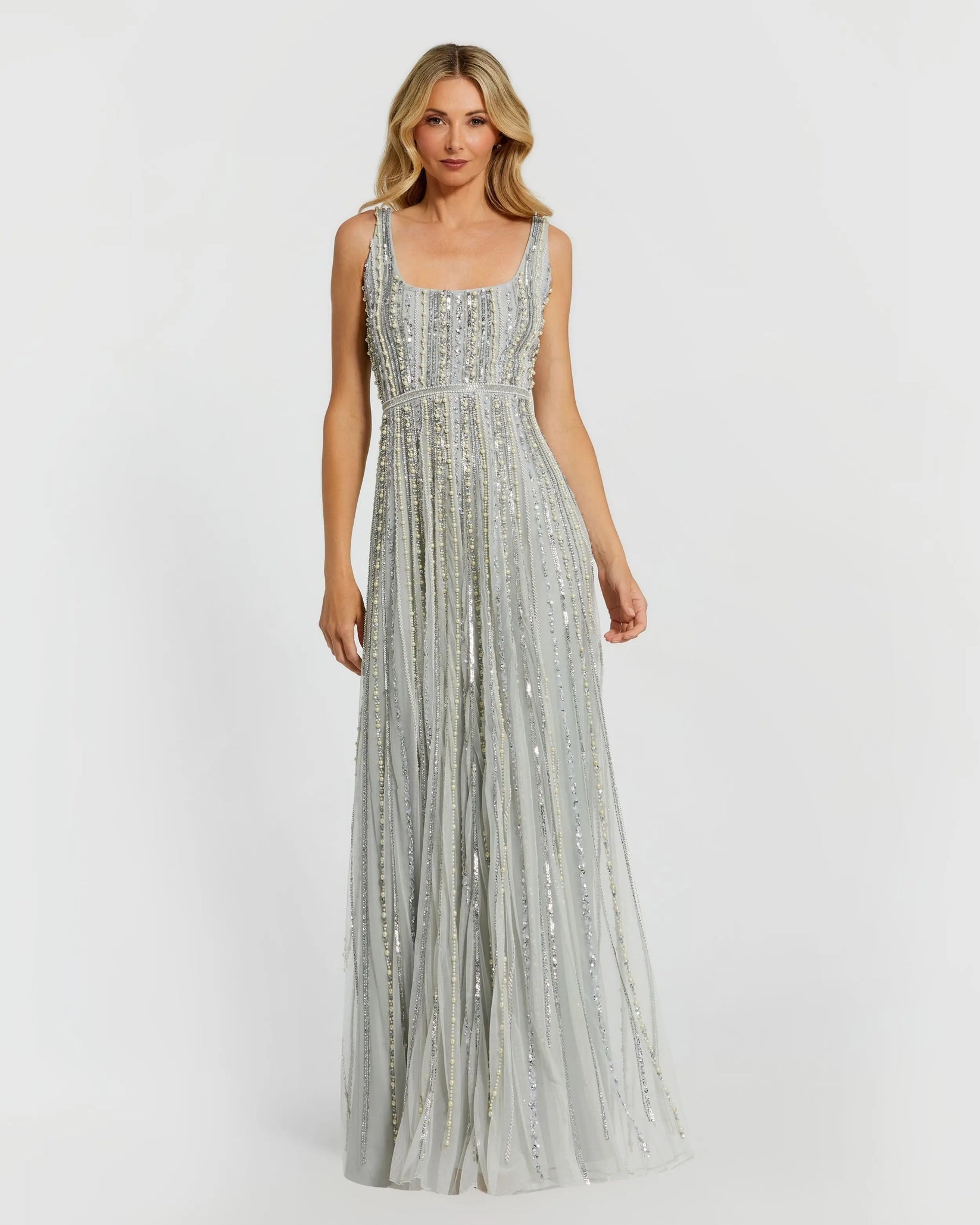 Green Scoop Neck A-Line Gown With Striped Beading | Mac Duggal