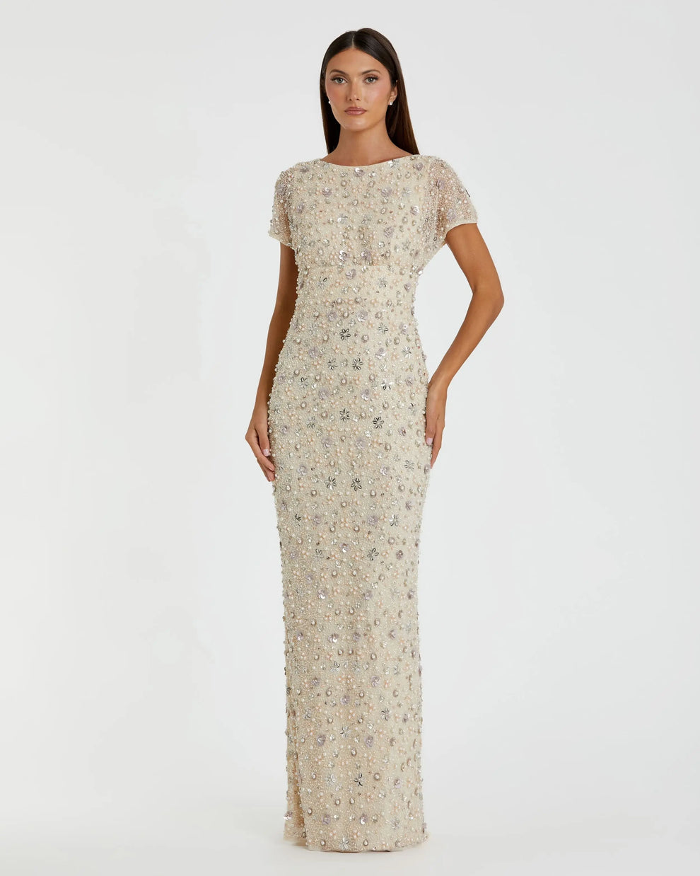 Ivory Floral Embellished Mesh Fitted Column Gown | Mac Duggal