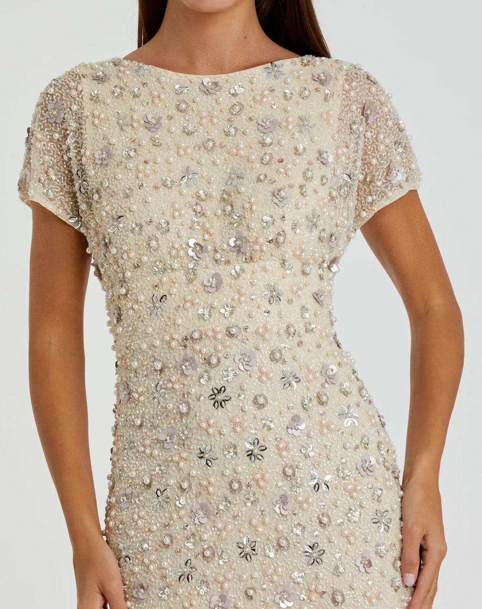 Ivory Floral Embellished Mesh Fitted Column Gown | Mac Duggal
