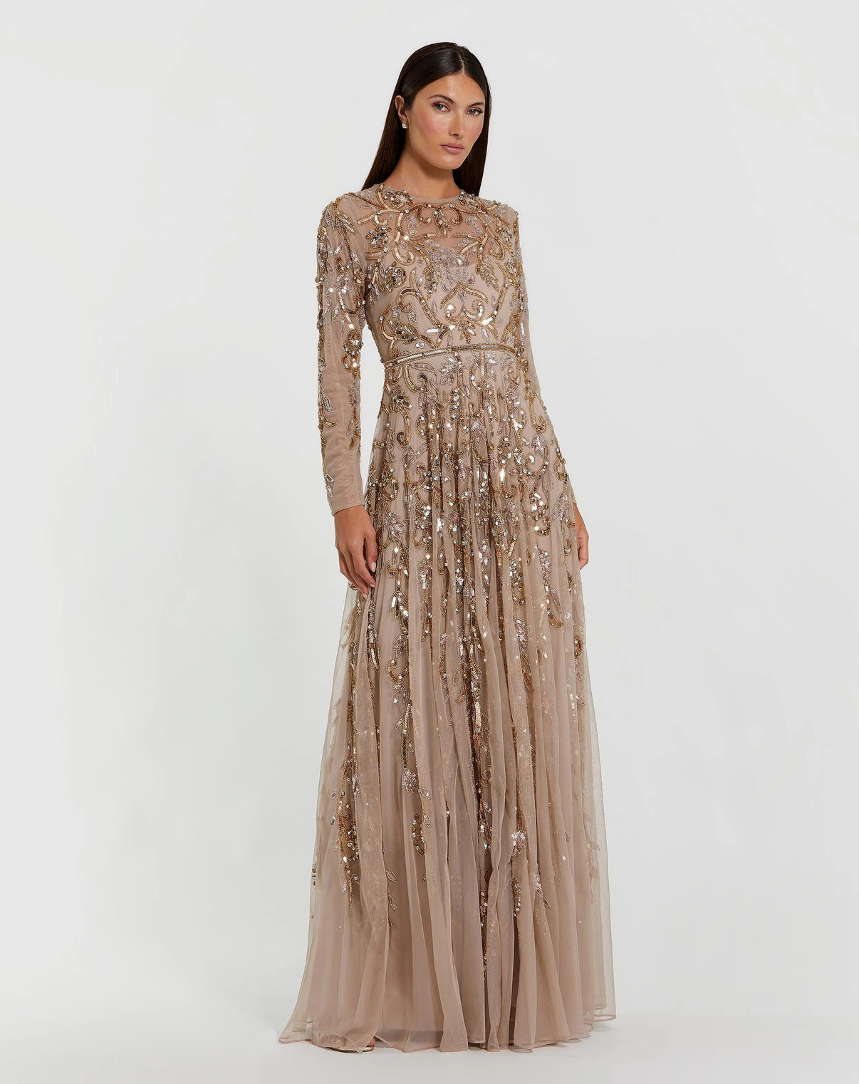 Beige Long Sleeve Hand Embellished Gown | Mac Duggal